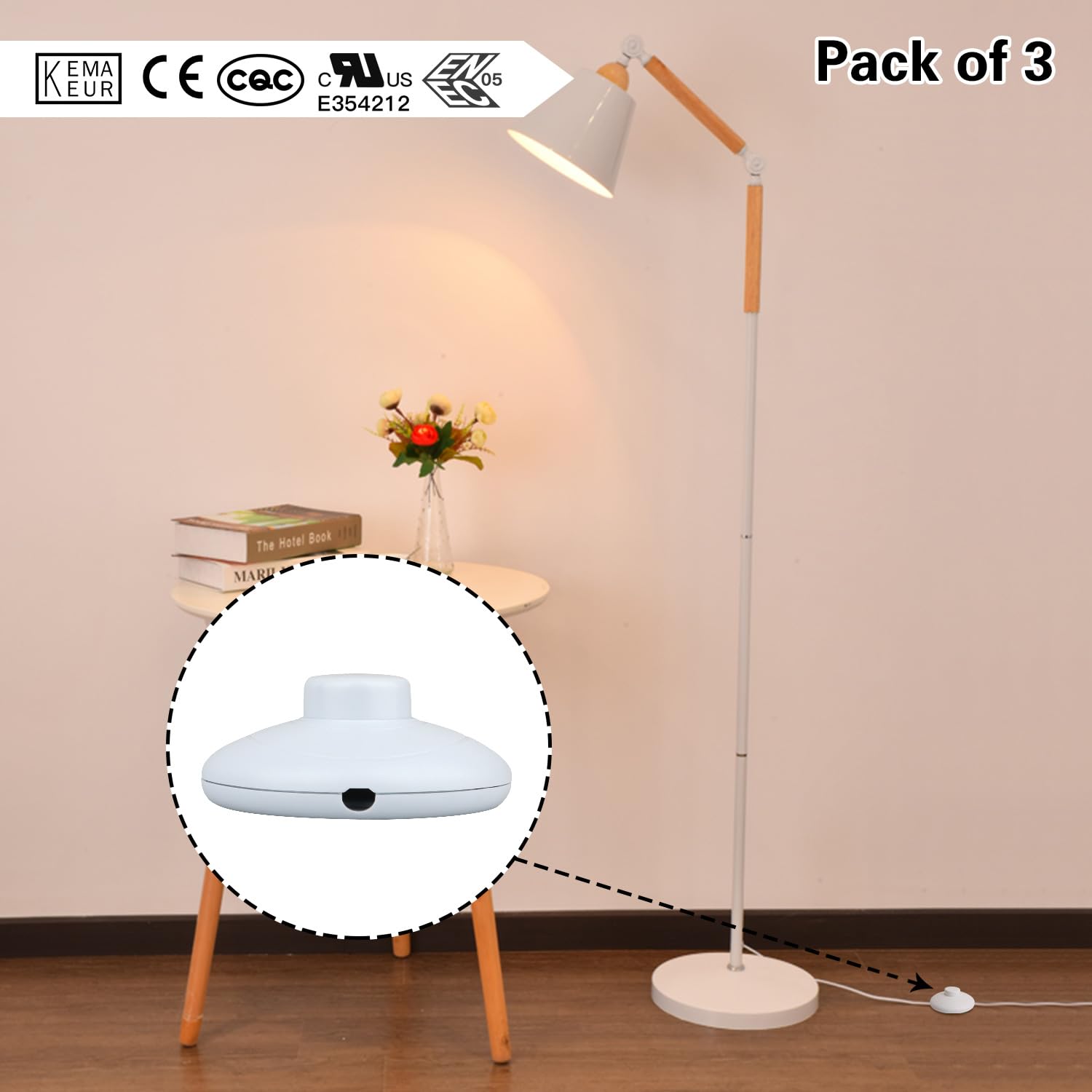 Helunsi 3Pcs Floor Lamp Foot Switch, White Foot Pedal Switch, Round Floor Lamps Foot Inline Switch, Step ON Off Spring Push Button, for Control Replacement Floor Lamp Extension Cord Parts - Pack of 3