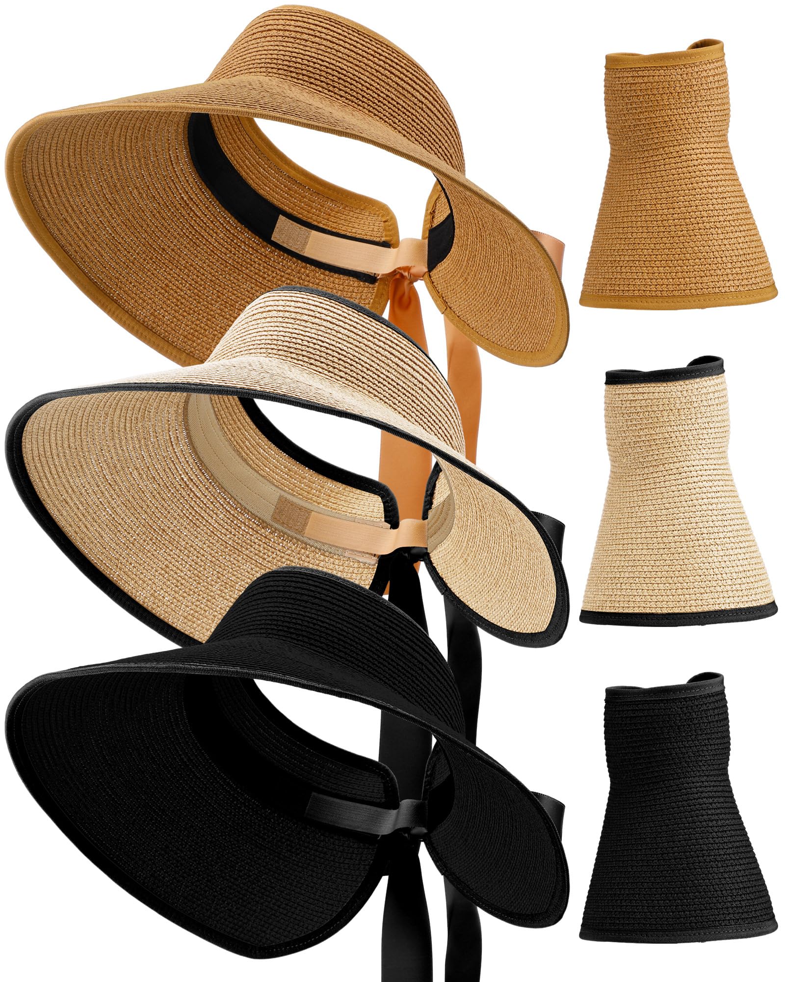 JaGely 3 Pieces Foldable Straw Sun Visors Hats Wide Brim Ponytail Summer Beach Hat Sun Protection Wide Brim Sun Hats Adjustable Beach Hat for Women
