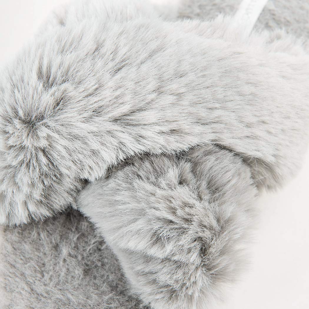 HALLUCI Women's Cross Band Soft Plush Fleece House Indoor or Outdoor Slippers (X-Large, Grey)