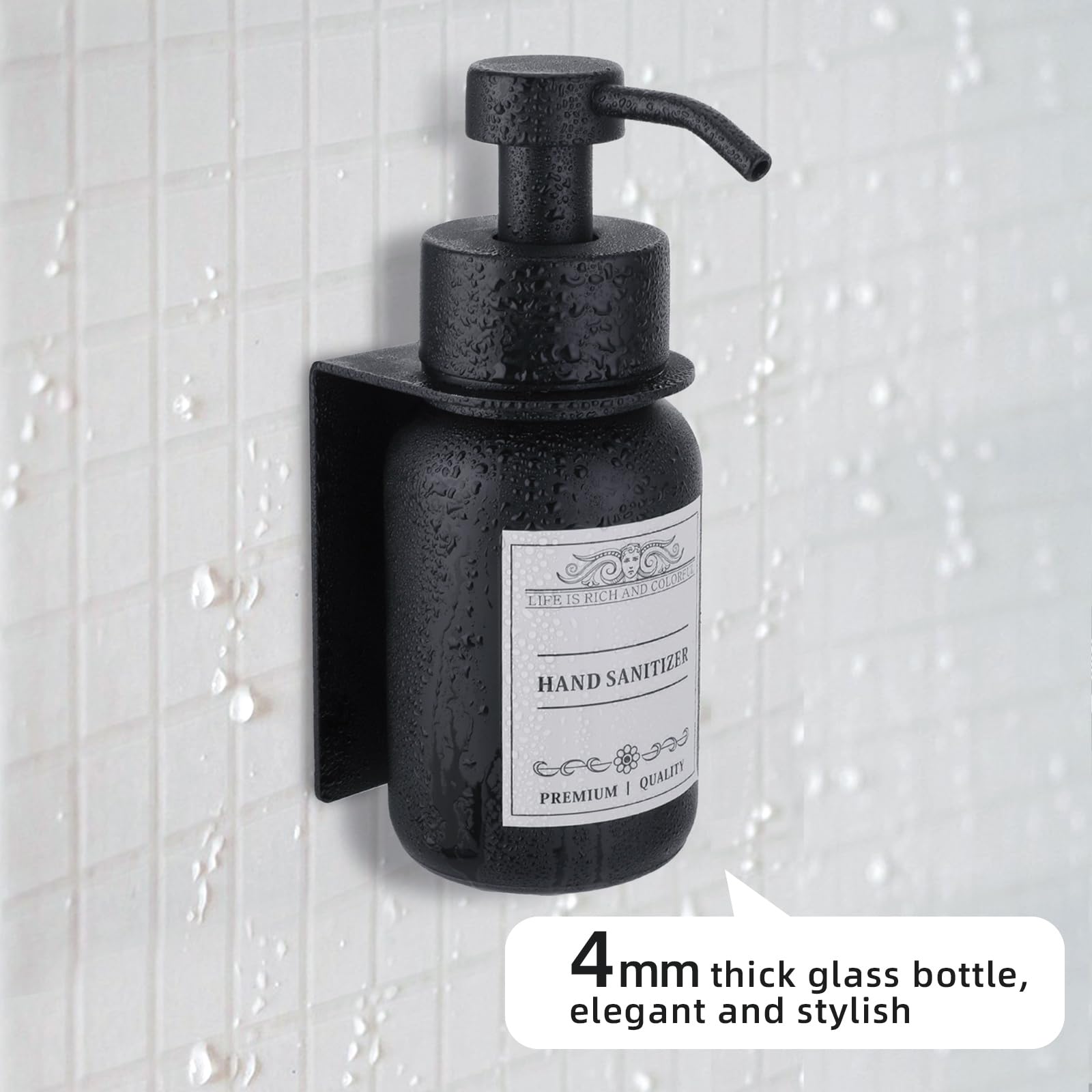 Nobtou Black Soap Dispenser Wall Mount for Bathroom - 8.5 Oz Glass Hand Soap Dispenser with Pump and Drill-Free Wall Mount Holders, Shower Soap Dispenser with Waterproof Labels