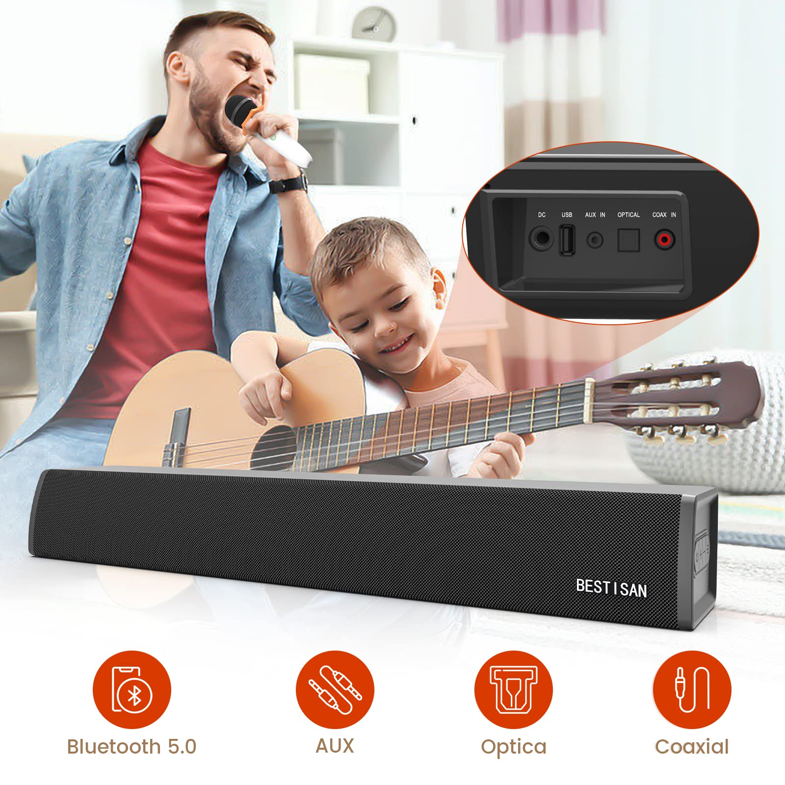 Karaoke Bestisan Soundbar for TV with 2 Wireless Microphones for Adults and Kids, Supports Bluetooth, Optical, Aux, Coax for Party, Remote Control
