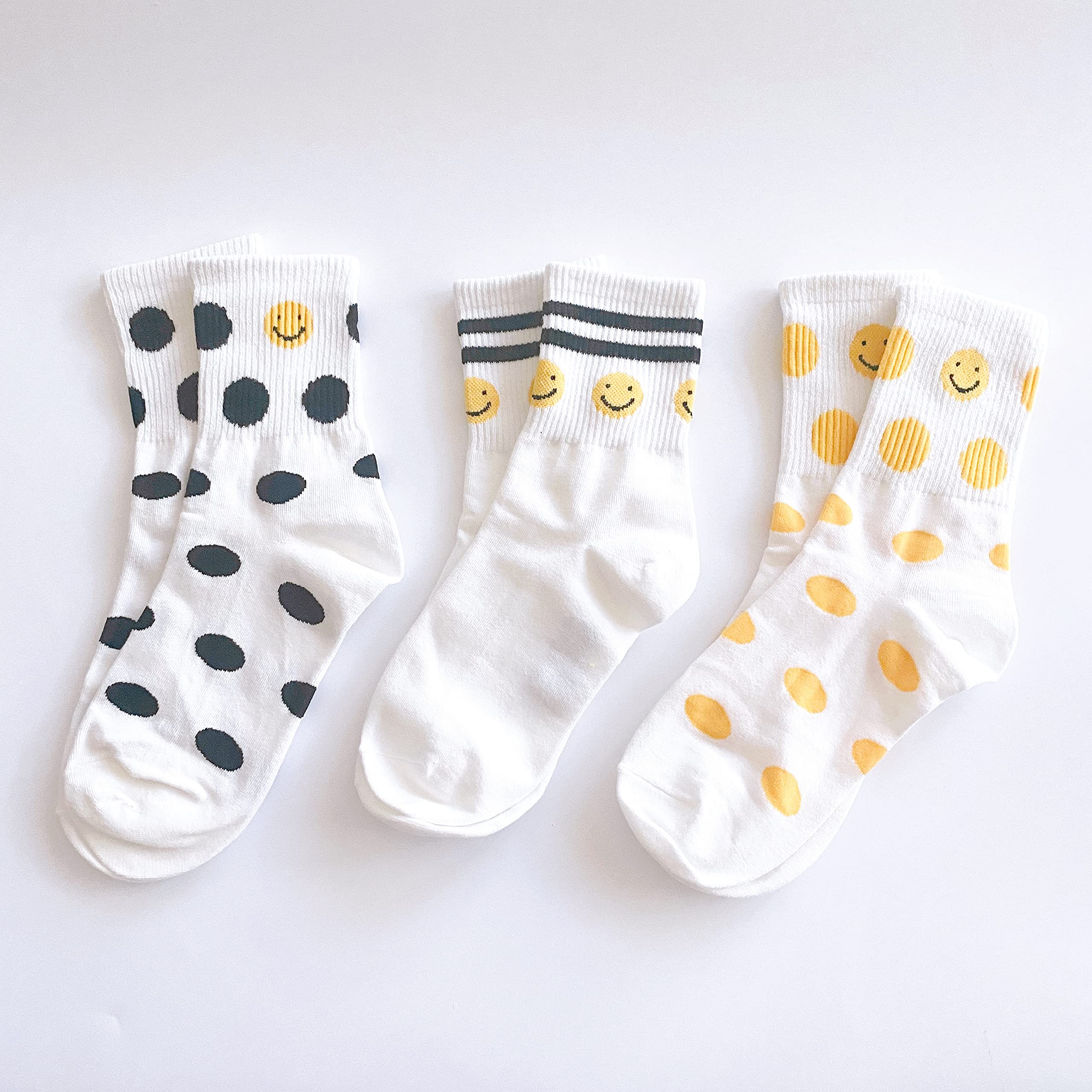 Hawaii Sisters Cute Smiley Crew Socks, Fun Happy Face Fashion Socks for Women (3 pack), Polka Dot Socks (smiley with polka dots)