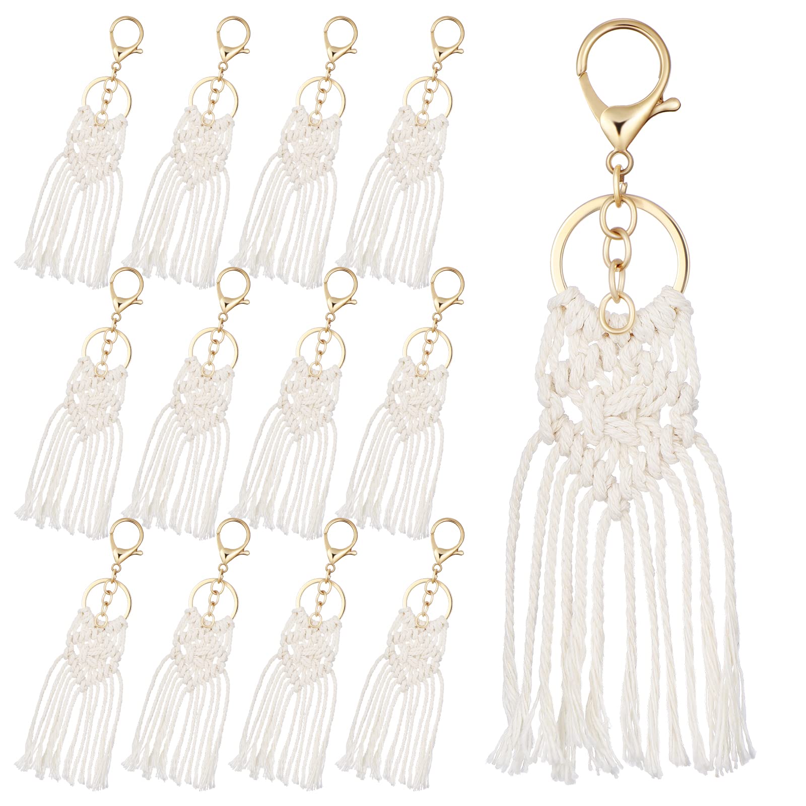 Herdear 12 Pieces Mini Macrame Keychains Boho Macrame Bag Charms Aesthetic Keychain Cute Handcrafted Keychain Bohemian Keychains for Women Bridesmaid Gift Car Key Purse Phone Supplies, Beige