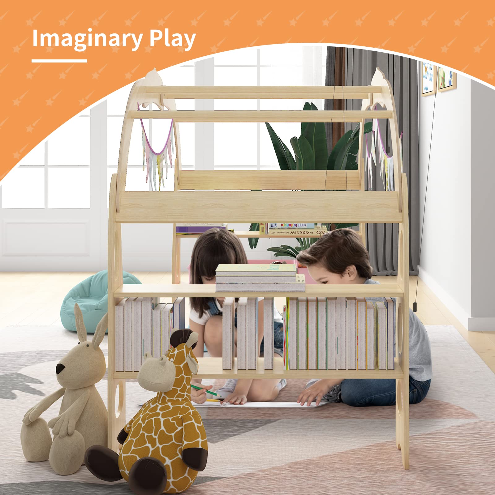 linor Indoor Playground for Kids in 3-12, Wooden Play Structures with Bookcase, Waldorf Playstand Arch with A Large Space for Reading, Storing, Playing, Great Gift for Kids (Wood)