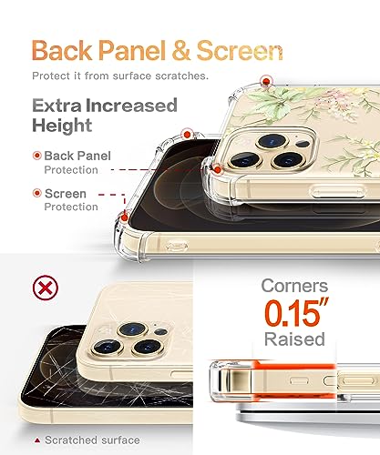 GVIEWIN for iPhone 12 Case and iPhone 12 Pro Case with Screen Protector + Camera Lens Protector, Clear Floral Flexible TPU Shockproof Women Girls Flower Phone Case 6.1"(Peach Blossom/Yellow)