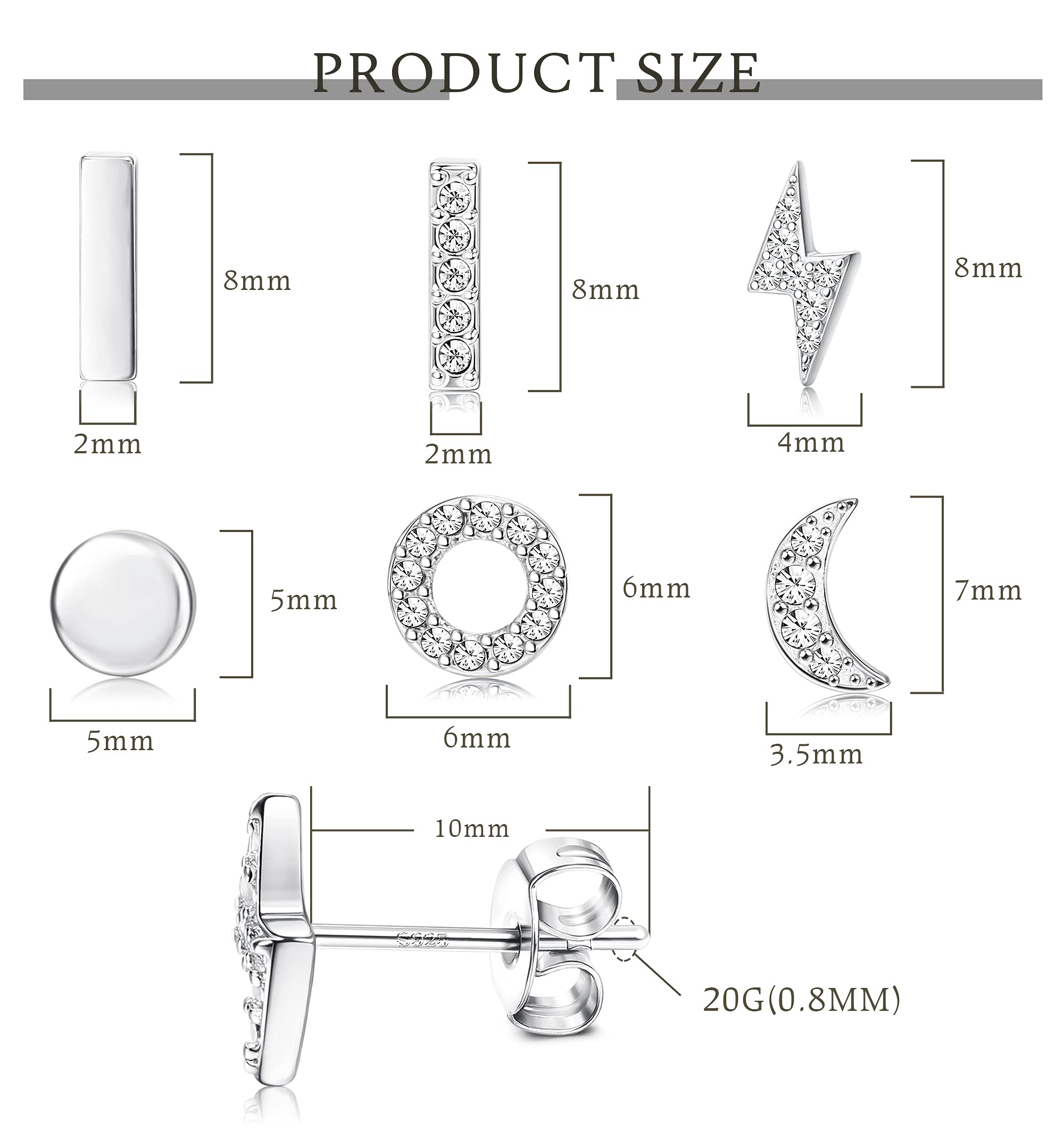 Hayoso 6 Pairs Sterling Silver Stud Earrings Hypoallergenic Earrings Stud Bar Circle CZ Stud Earrings Tiny Stud Earrings Set 14K Gold Plated Cartilage Earrings Studs for Women, White Gold Plated,