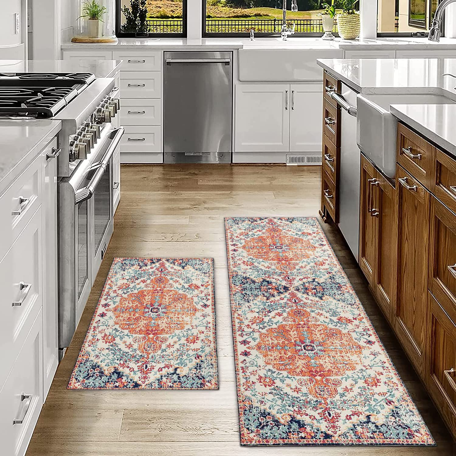 Ideasonna Boho Kitchen Rug Mat Country Rustic Farmhouse Kitchen Rugs Sets of 2 Washable Non-Slip Kitchen Floor Mats for in Front of Sink Boho Kitchen Decor