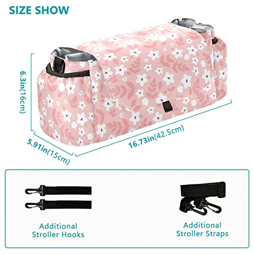 Kigai Flowers on Pink Baby Stroller Organizer with Cup Holders, Secure Hooks Accessories Adjustable Strap Stroller Bag for Bottle, Diaper, Phone, Toys, Baby Items