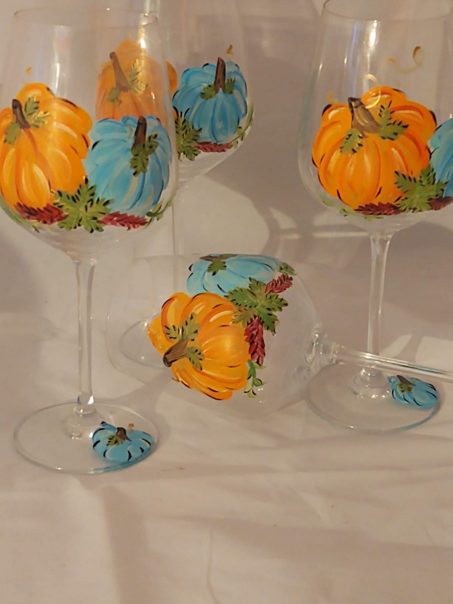 Hand painted autumn pumpkins goblets. set of 4 20 ounce white wine gobblets. usa