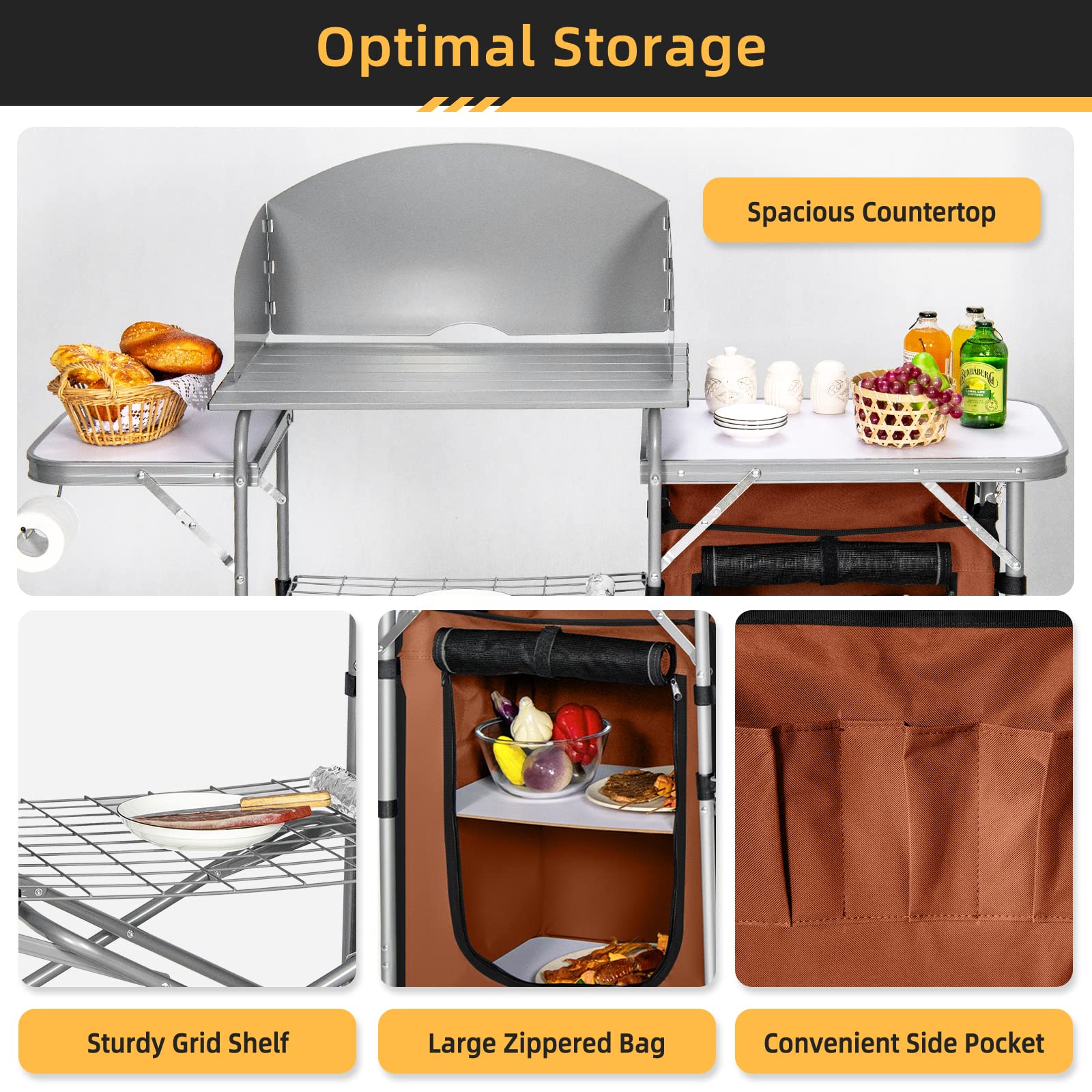 GYMAX Aluminum Portable Camping Kitchen, Folding Cooking Table with 26" Tabletop, Detachable Windscreen & Carrying Bag, Outdoor Grill Table for BBQ, Backyards