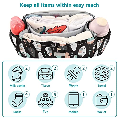 Kigai Indian Mint Aztec Feathers Baby Stroller Organizer with Cup Holders, Secure Hooks Accessories Adjustable Strap Stroller Bag for Bottle, Diaper, Phone, Toys, Baby Items