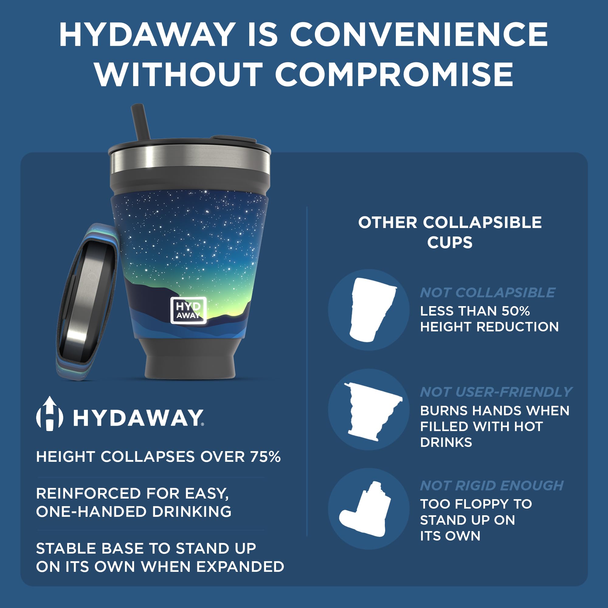 HYDAWAY Collapsible Tumbler with Lid and Straw - 16 oz I Portable, Insulated Silicone Travel Mug, Hot & Cold Foldable Cup for Coffee, Tea, Camping & Backpacking, Spill Proof Lid & Steel Rim