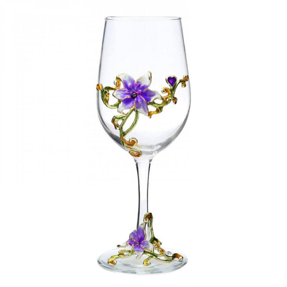 Handmade Enamel Flower Crystal Wine Glasses, Gin Balloon Glasses for Women, Birthday, Valentine Day, Mother's Day, Christmas Gift, Wedding, Party (Purple Lily Cup)