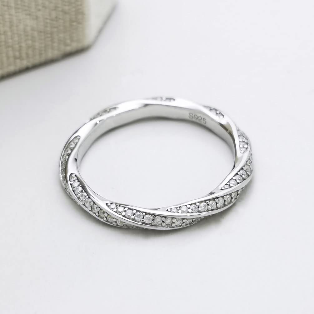 Idocare Tiny Moissanite Wedding Bands For Women 925 Sterling Silver Twist Eternity Ring 2mm Width Size 7