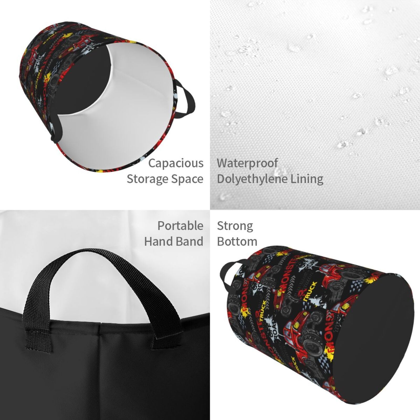 Grunge Monster Truck Cars Pattern Laundry Hamper With Handle Foldable Durable Laundry Basket Storage Bin Dirty Clothes Organizer Bag For Bedroom Bathroom Nursery