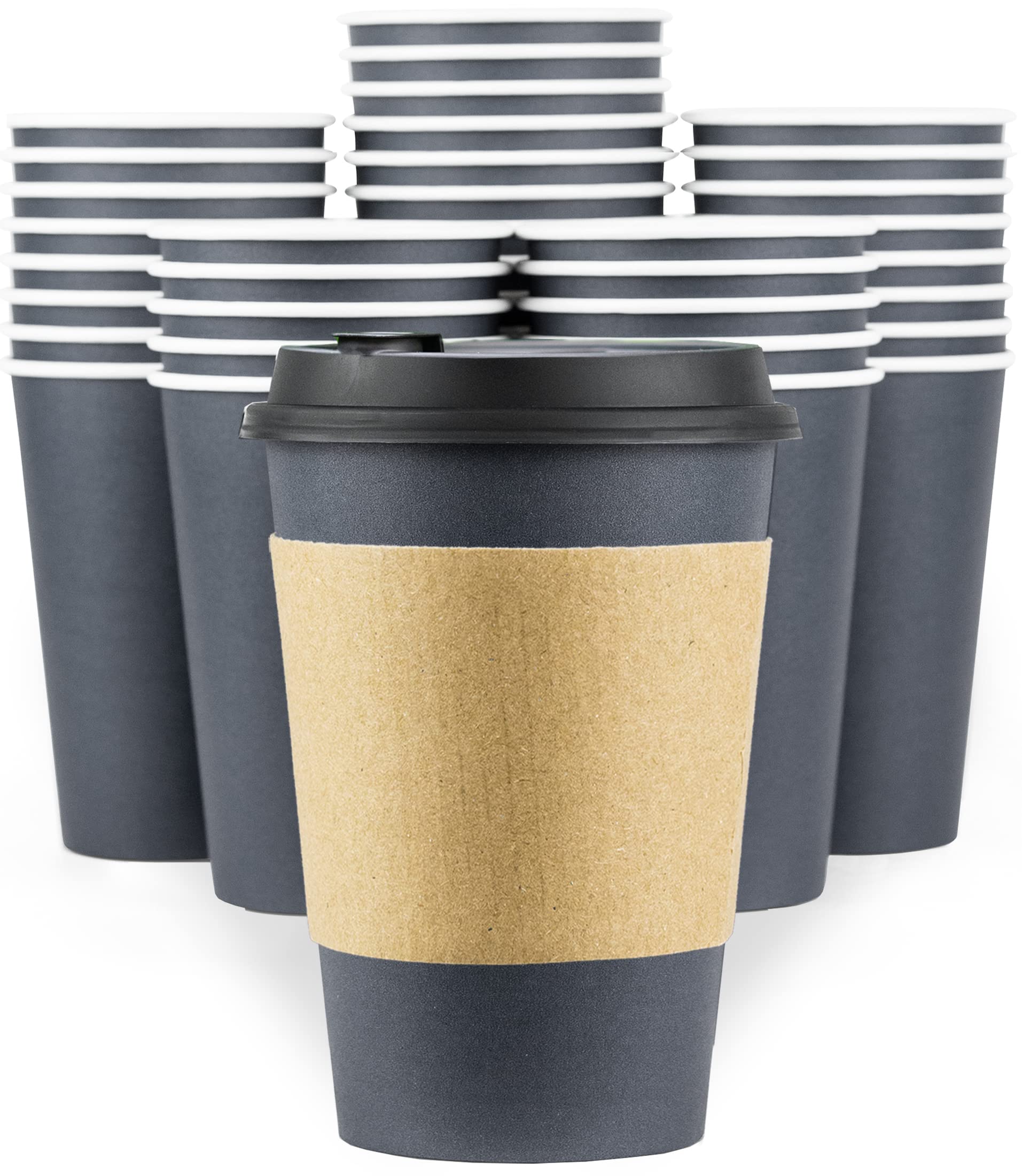 Glowcoast Disposable Coffee Cups With Lids and Sleeves, 12 oz - (90 Pack) To Go Coffee Cup With Lid. Togo Travel Paper Hot Cups Insulated For Hot, Cold Beverage Drinks (Dusk Grey)
