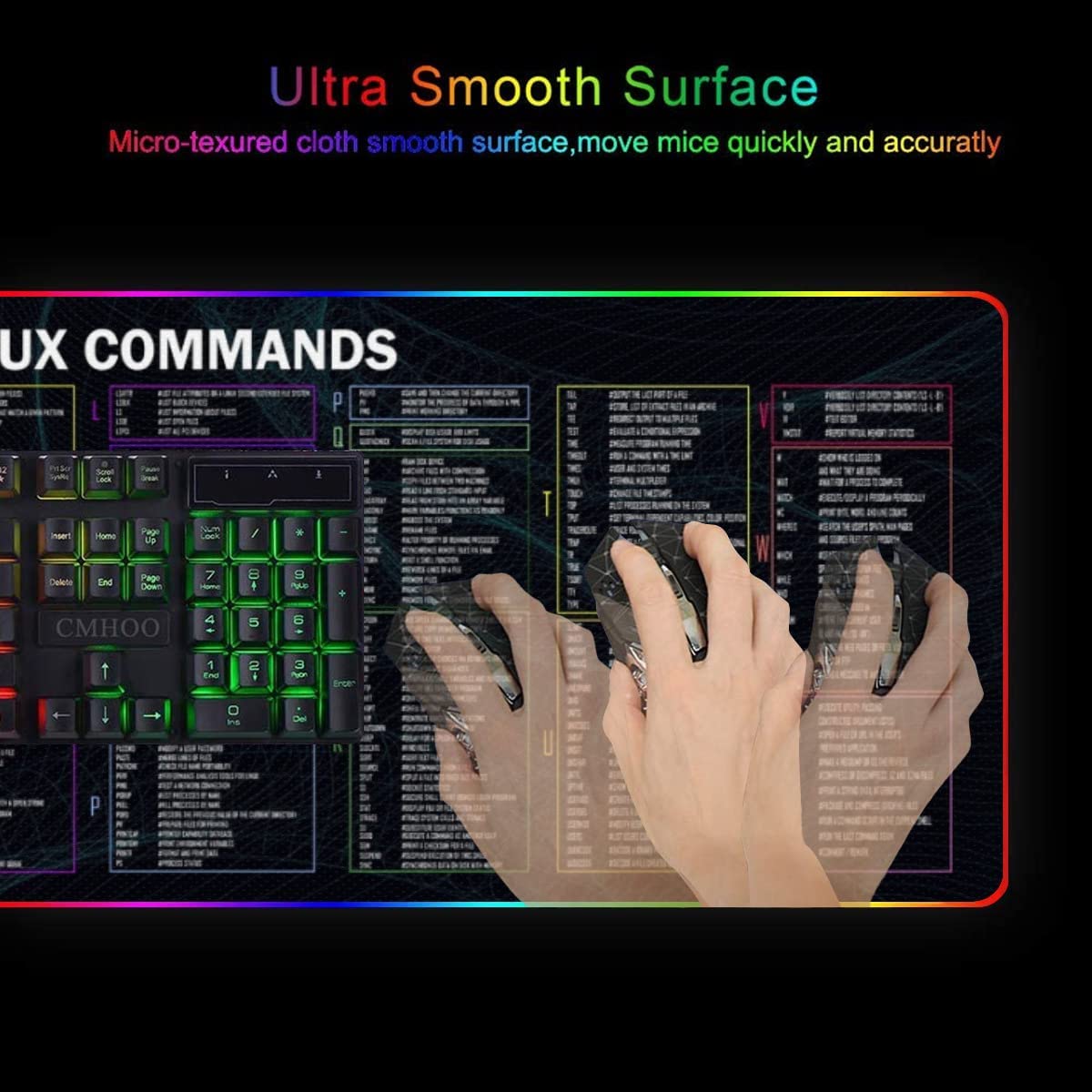 Linux Commands Long RGB Mousepad Led Linux Cheat Sheet Led Desk mat for Software Engineers Hackers and Programmers Software Mouse mat Computer mat Computer Accessories Gamer Mouse Laptop Pad Mat