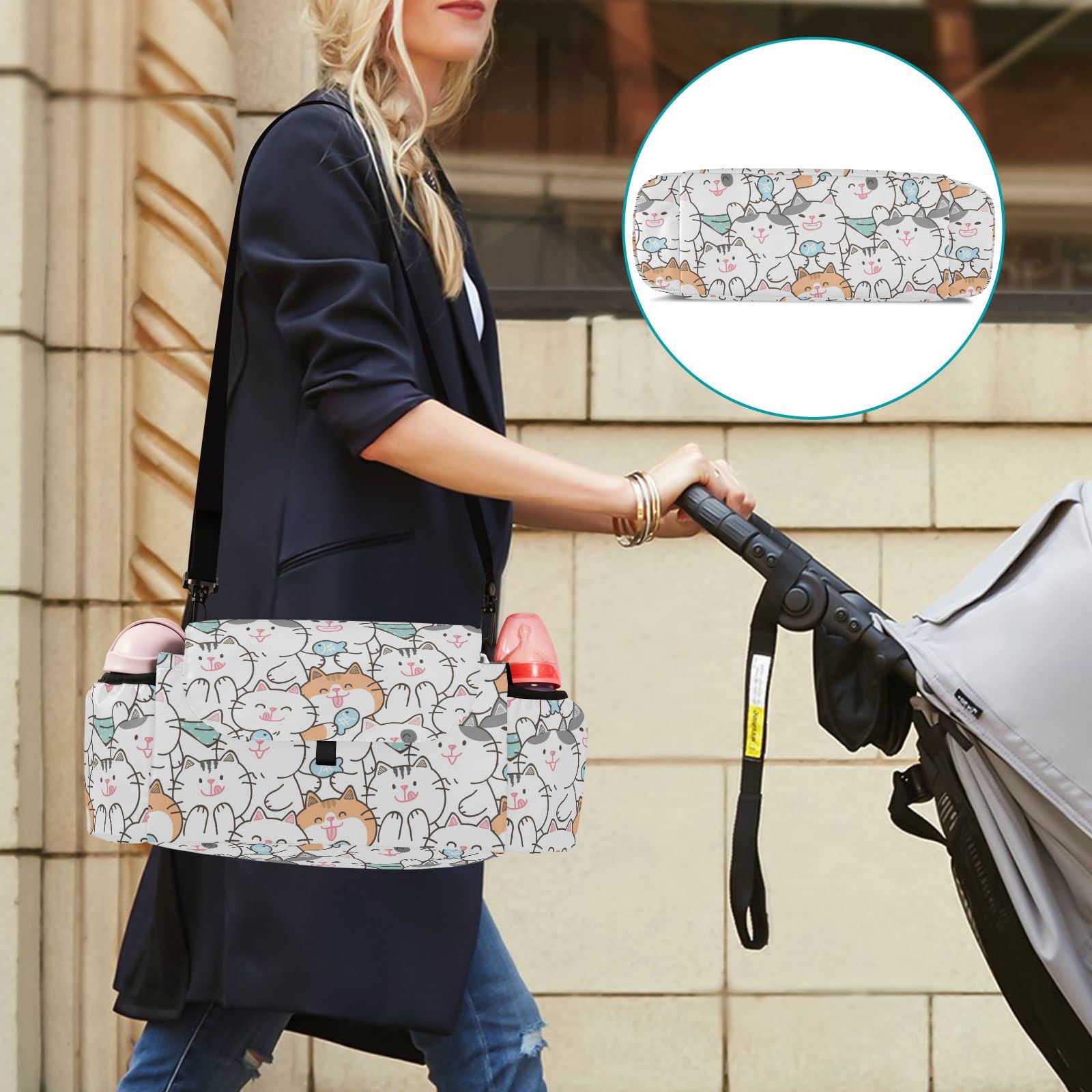 Kigai Cute Cartoon Cat Pattern Baby Stroller Organizer with Cup Holders, Secure Hooks Accessories Adjustable Strap Stroller Bag for Bottle, Diaper, Phone, Toys, Baby Items