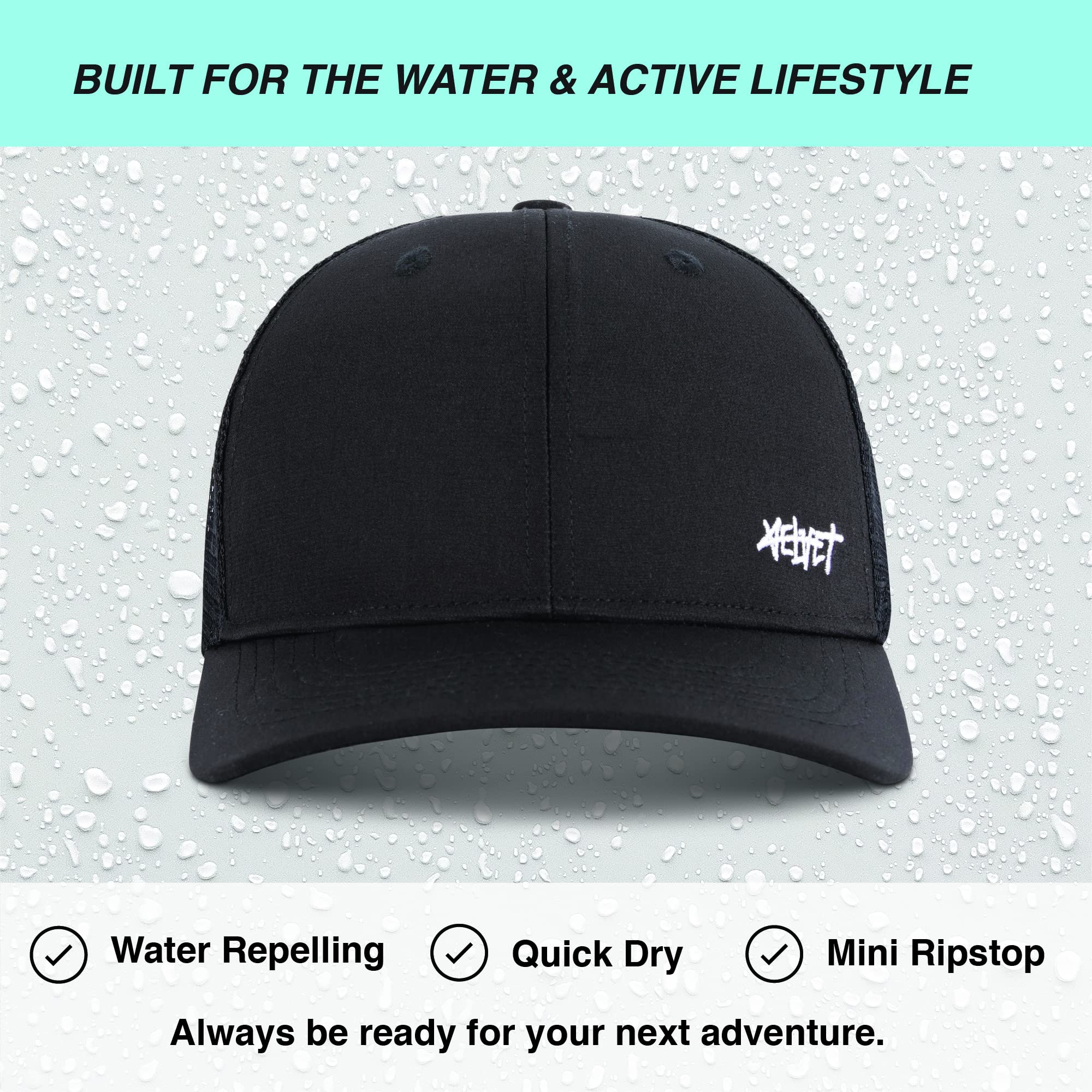 Hydro Waterproof Trucker Men's Hat, Performance Water Proof Floating Snapback Baseball Cap for Boating, Golf, Gym, Lightweight Headwear with Sweat Resistant Band. One Size Fits All, Unisex Black