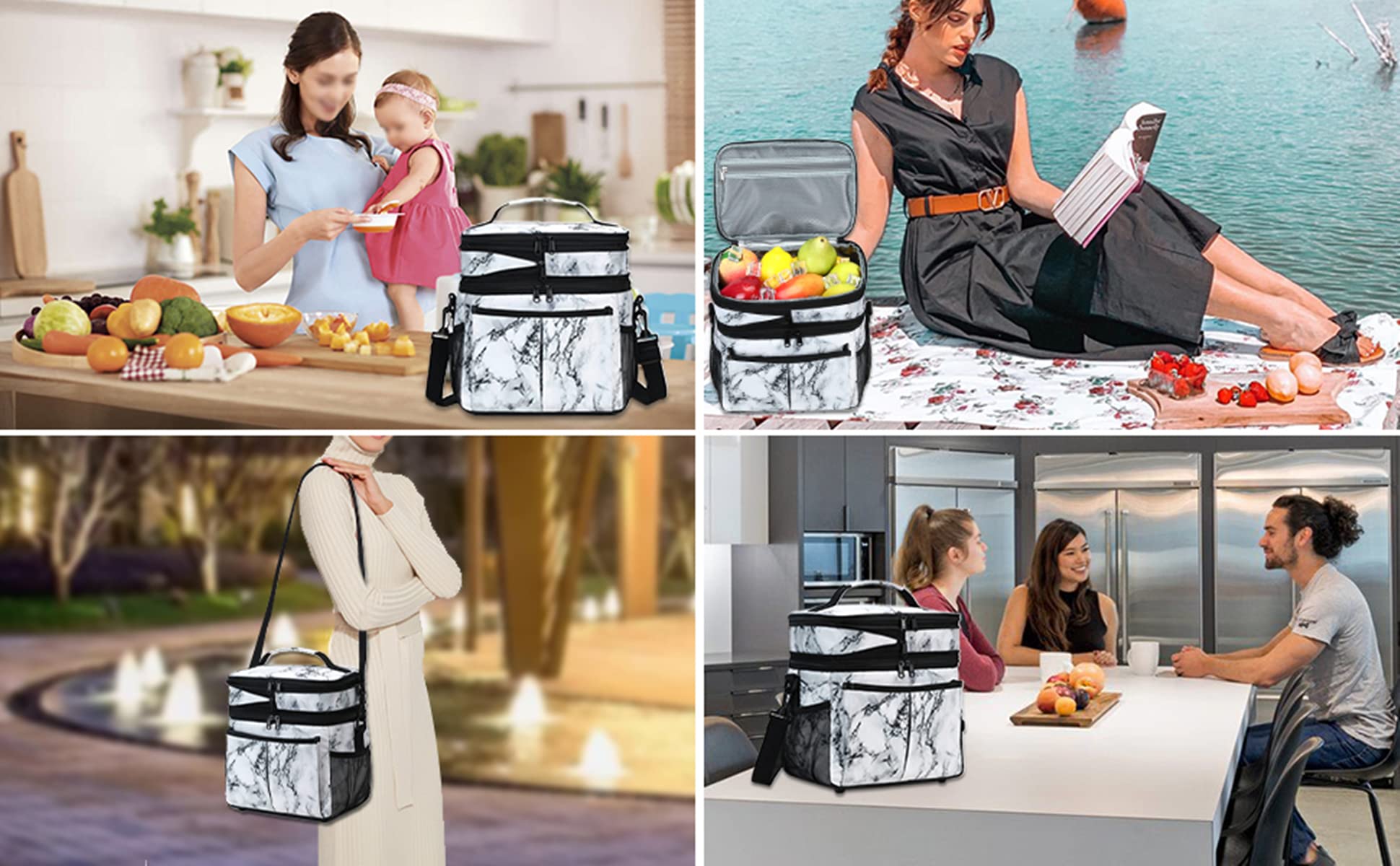Large Insulated Lunch Bag Women Men Dual Compartment Reusable Lunch Box Soft Portable Leakproof Cooler Bag with Removable Adjustable Shoulder Strap (Marble)
