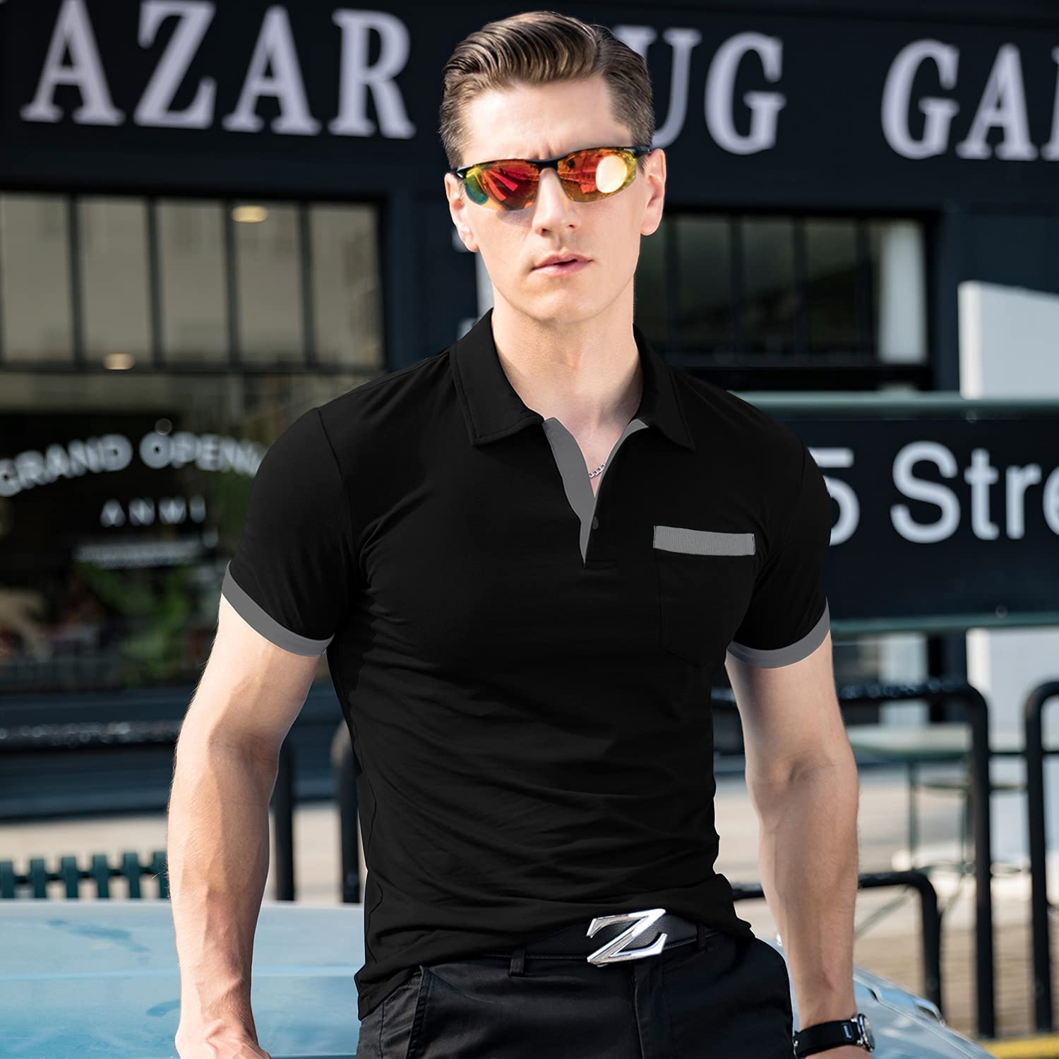kuboyee Mens Slim Fit Polo Shirt Short Sleeve Casual Cotton Golf T-Shirt with Pocket Basic Solid Color Summer Tops,Orange,Large