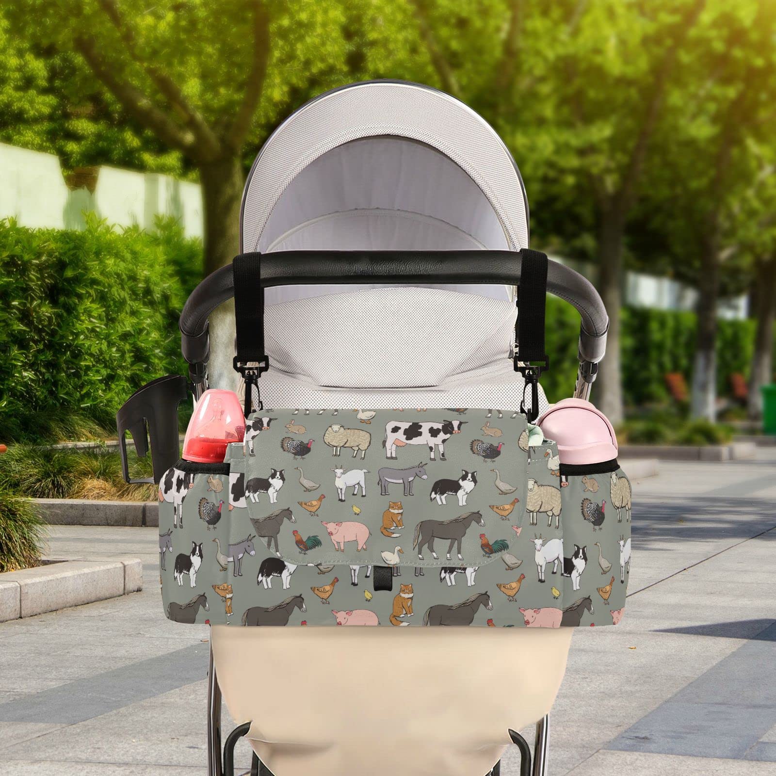Kigai Farm Animals Pattern Baby Stroller Organizer with Cup Holders, Secure Hooks Accessories Adjustable Strap Stroller Bag for Bottle, Diaper, Phone, Toys, Baby Items