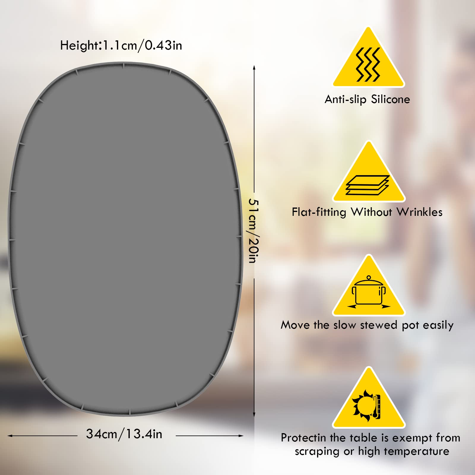 Heat Resistant Mat for 6-8 Quart Slow Cooker, Kitchen Heat Resistant Silicone Trivet,Oval Thickened Silicone Non Slip Heat Resistant Mat