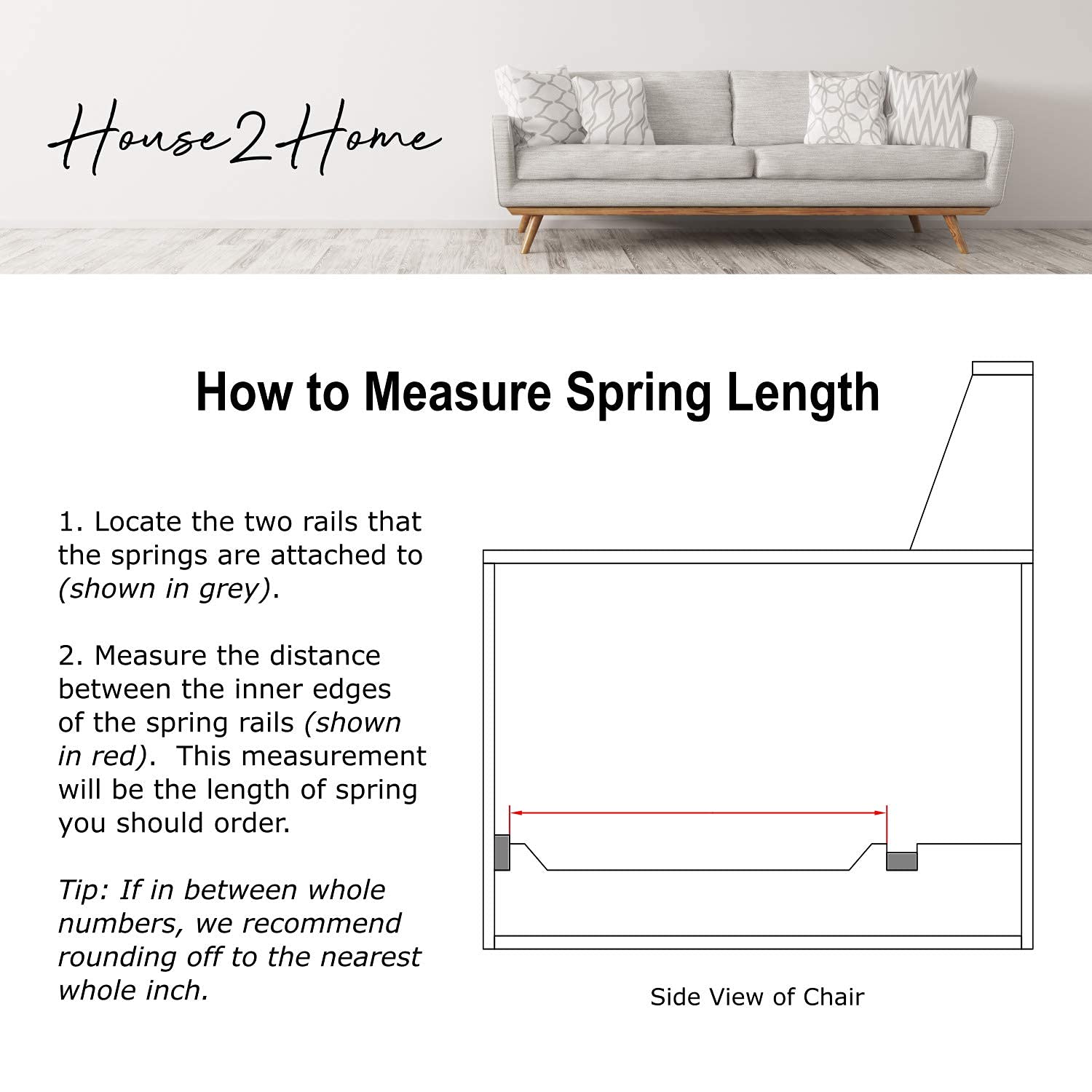 House2Home 25" Couch Spring Repair Kit to Fix Sofa Support for Sagging Cushions - Includes 2pk of Springs, Upholstery Spring Clips, Seat Spring Stay Wire, Screws, and Installation Instructions
