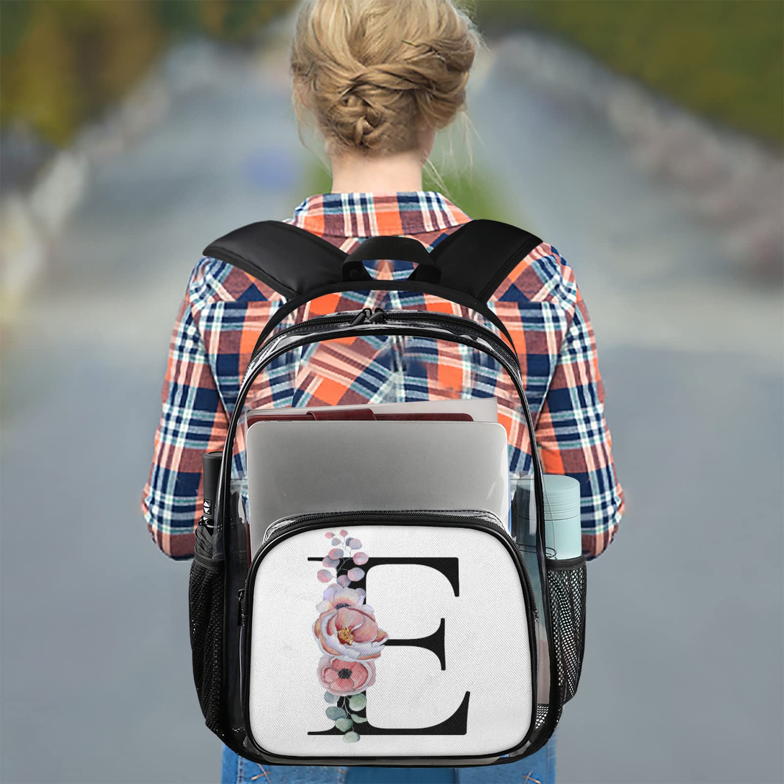 Heavy Duty Clear Backpack Stadium Approved, Alphabet Monogram Floral E Letter PVC Transparent Backpack See Through Large Bookbag for Work School Travel College