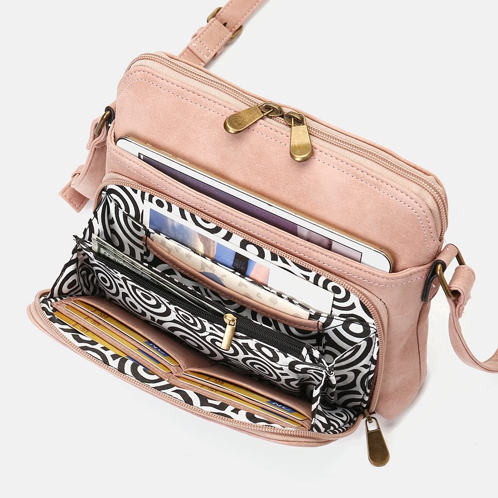 JOSEKO Crossbody Lightweight, Women Solid Multi-pockets Casual PU Leather Crossbody Shoulder Bag Pink