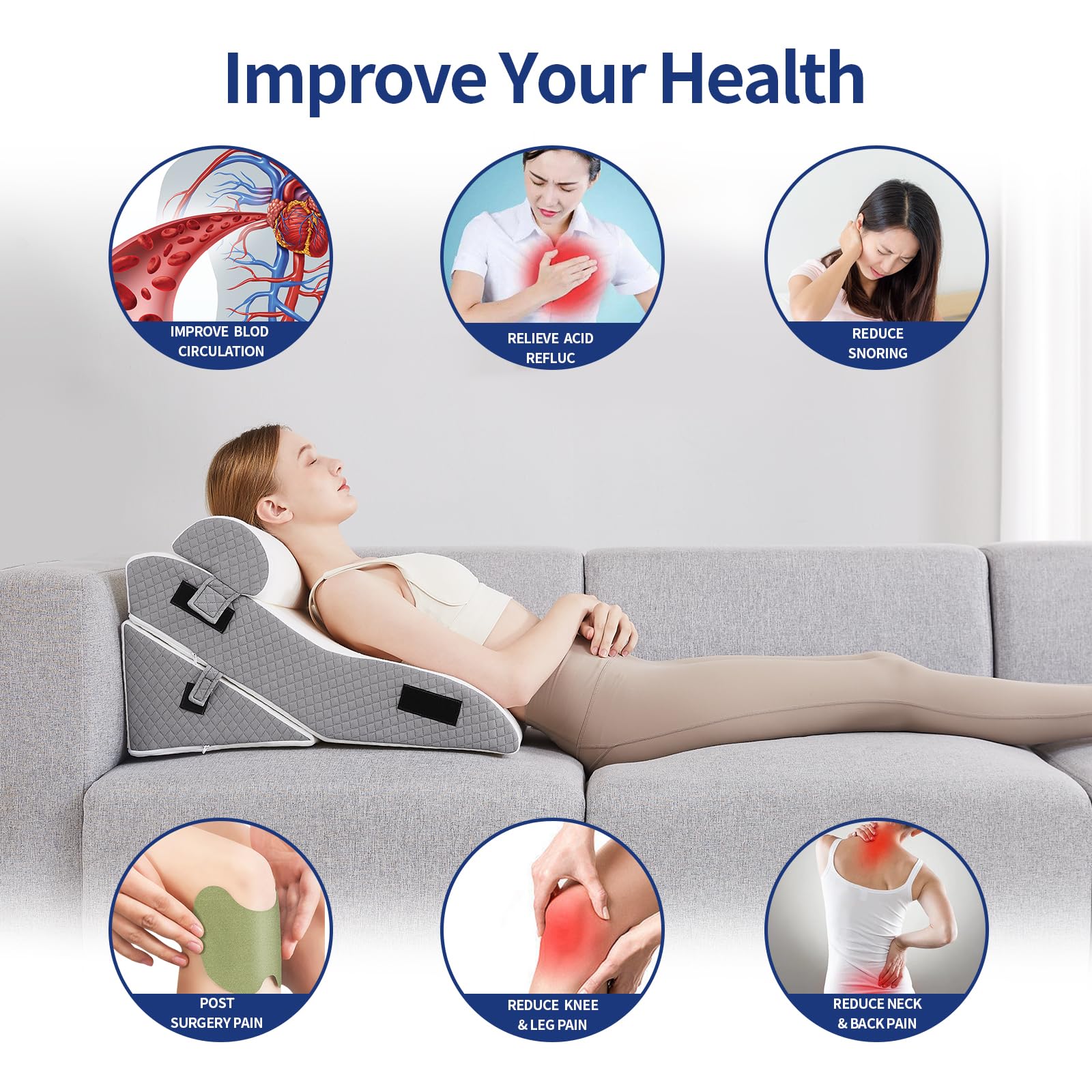 Homemate 3 PCS Upgraded Orthopedic Bed Wedge Pillow Set - Post Surgery Foam Pillow for Back, Leg and Knee Pain Relief,Adjustable 16.5" Wide Triangle Pillow for Sleeping Acid Reflux & GERD & Snoring