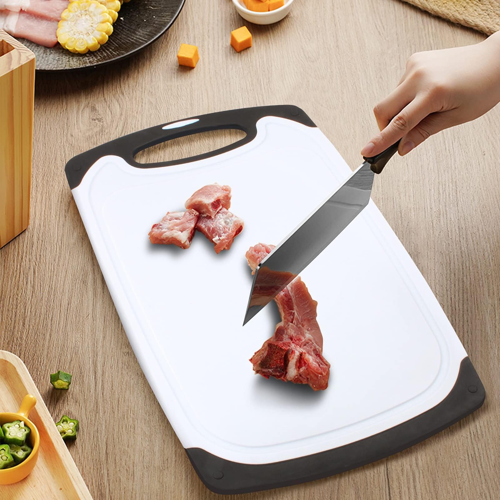 KUFUNG Kitchen Cutting Board - Juice Grooves with Easy-Grip Handles, Non-Porous, Dishwasher Safe (S, Black)