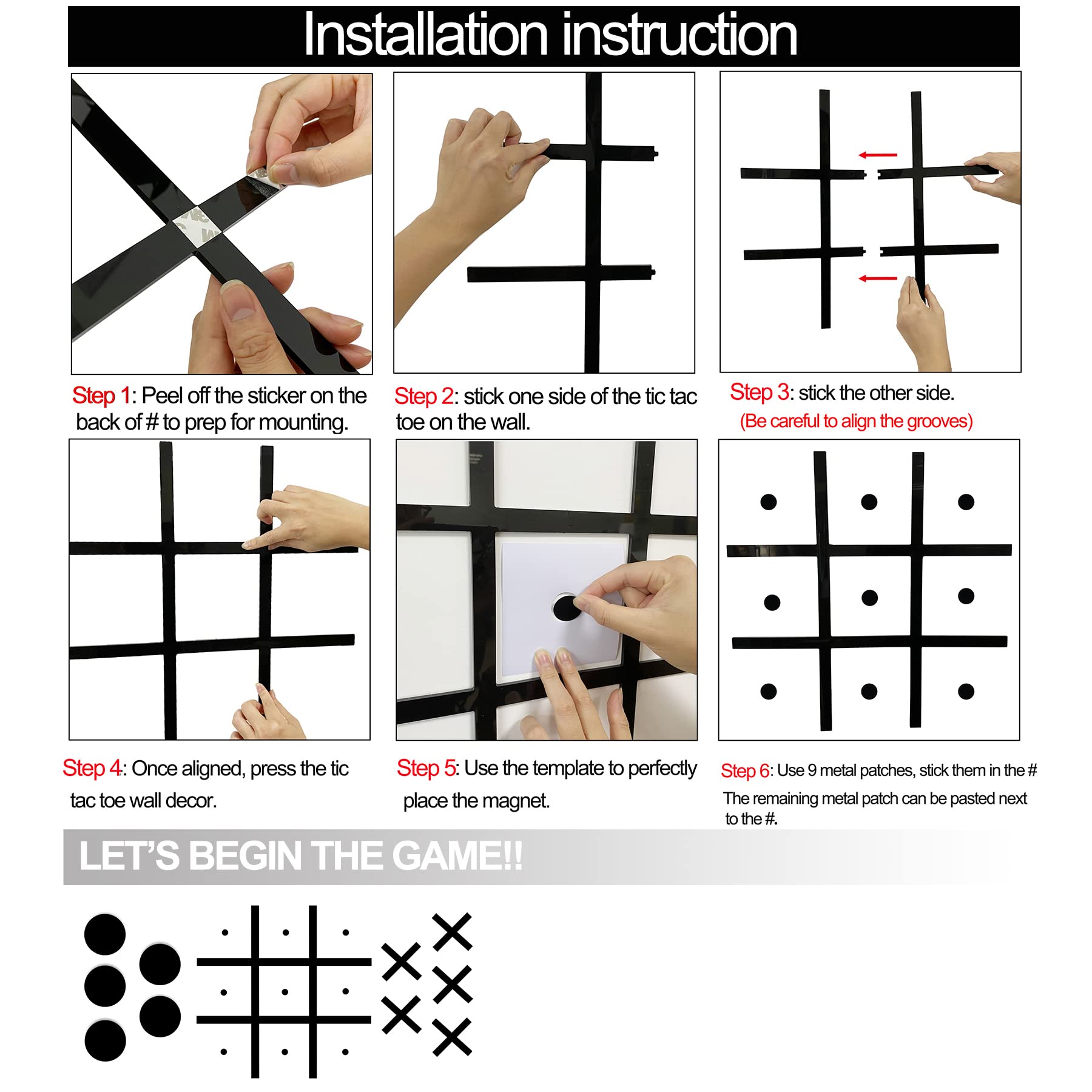 Magnetic Tic Tac Toe Game, Wall Art for Kids Room, Playroom Wall Decor for Boys & Adults(Black PVC)