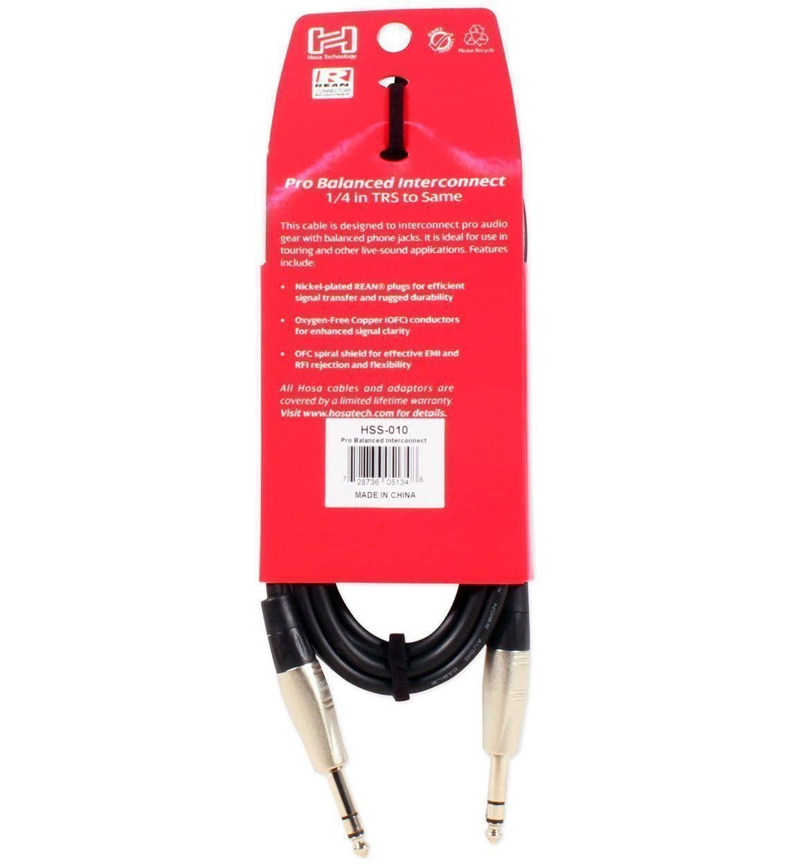 Hosa HSS-010 REAN 1/4" TRS to REAN 1/4" TRS Pro Balanced Interconnect, 10 Feet, Speaker