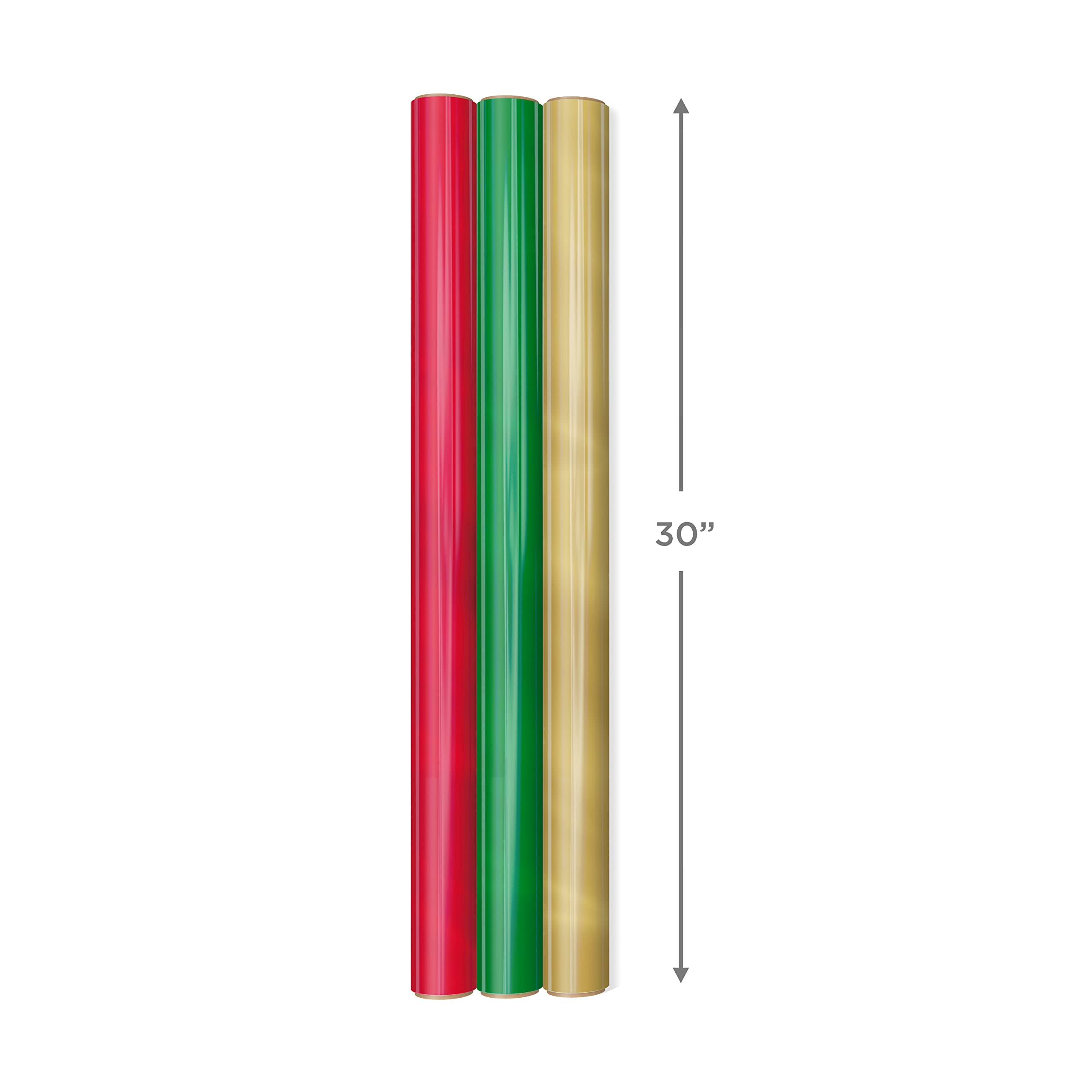 Hallmark Foil Wrapping Paper with Cut Lines on Reverse (3 Rolls: 60 sq. ft. ttl) Solid Red, Green, Gold for Winter Weddings, Birthdays, Valentine's Day