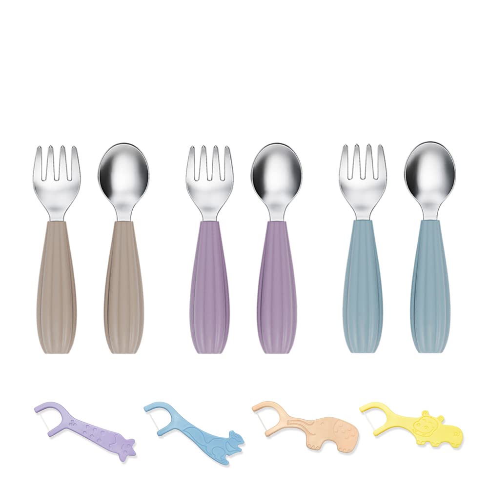 Hippywell Toddler Utensils, 6PCS Toddler Forks and Spoons Set, Kids Silverware Set with Silicone Anti-Choke Handle, Self-Feeding Toddler Utensils, Children Safe Flatware, Blue/Purple/Natural