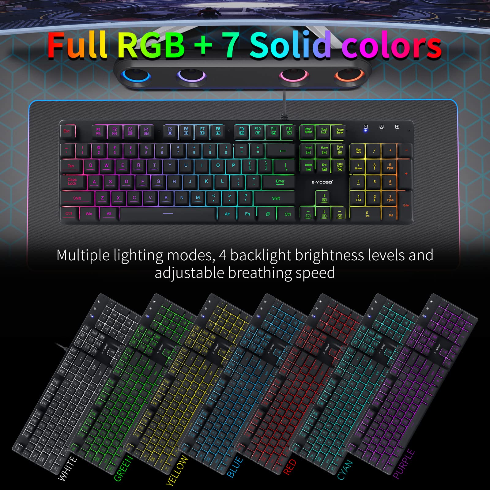 HUO JI Gaming Keyboard USB Wired with RGB Backlit, Quiet 104 Keys, Low Profile, Mechanical-Feel, Membrane Keyboard for Windows PC Mac, Black