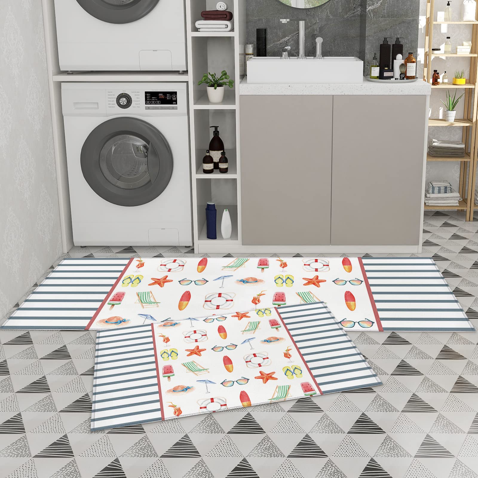 IDOWMAT Kitchen Rug Sets of 2 - Absorbent Non-Slip Kitchen Mats Navy Blue Stripes Beach Swim Ring Ice Cream Sunglasses Floor Comfort Mats Doormat for Kitchen Office Laundry 15.7x23.6in + 15.7x47.2in