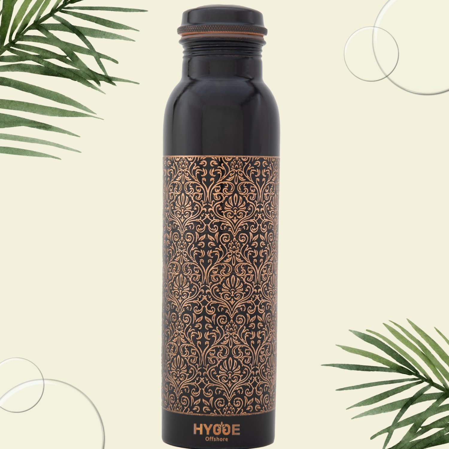 HYGGE Copper Water Bottle - 34 Oz Extra Large - A Antique Engraved Ayurvedic Pure Copper Vessel For Drinking - Drink More Water, Lower Your Sugar Intake And Enjoy The Health Benefits Immediately