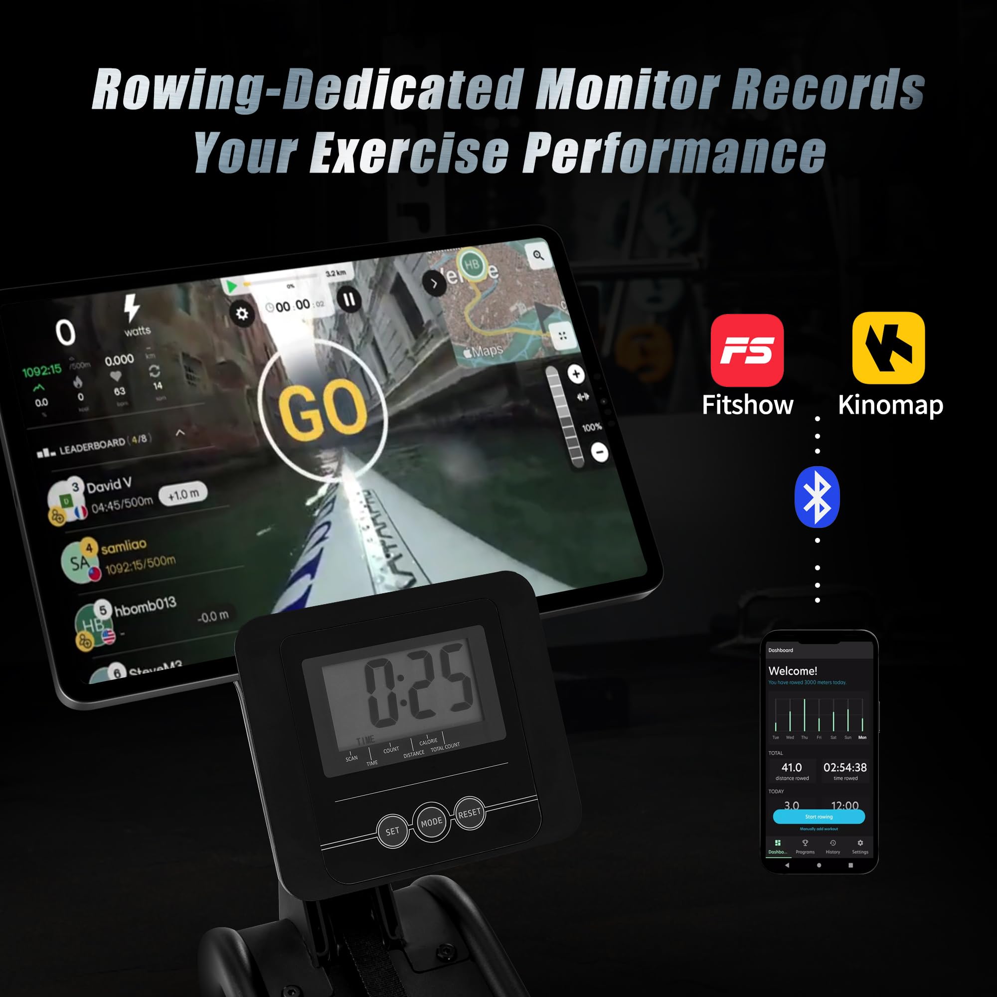 HouseFit Water Rower Rowing Machine with 330Lbs Weight Capacity for Home use Water Row Machine Exercise Equipment with iPad and Phone Support LCD Digital Monitor