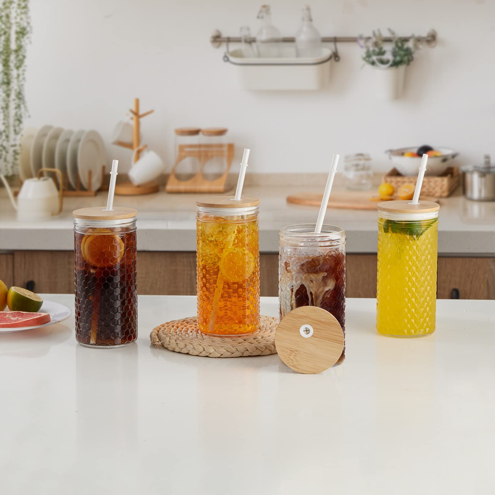 Hyperspace 4Pack Glass Tumblers with Bamboo Lids and Straws, 24 OZ Wide Mouth Mason Jar Drinking Glasses Travel Bottles with Varitey of Patterns for Multi Use
