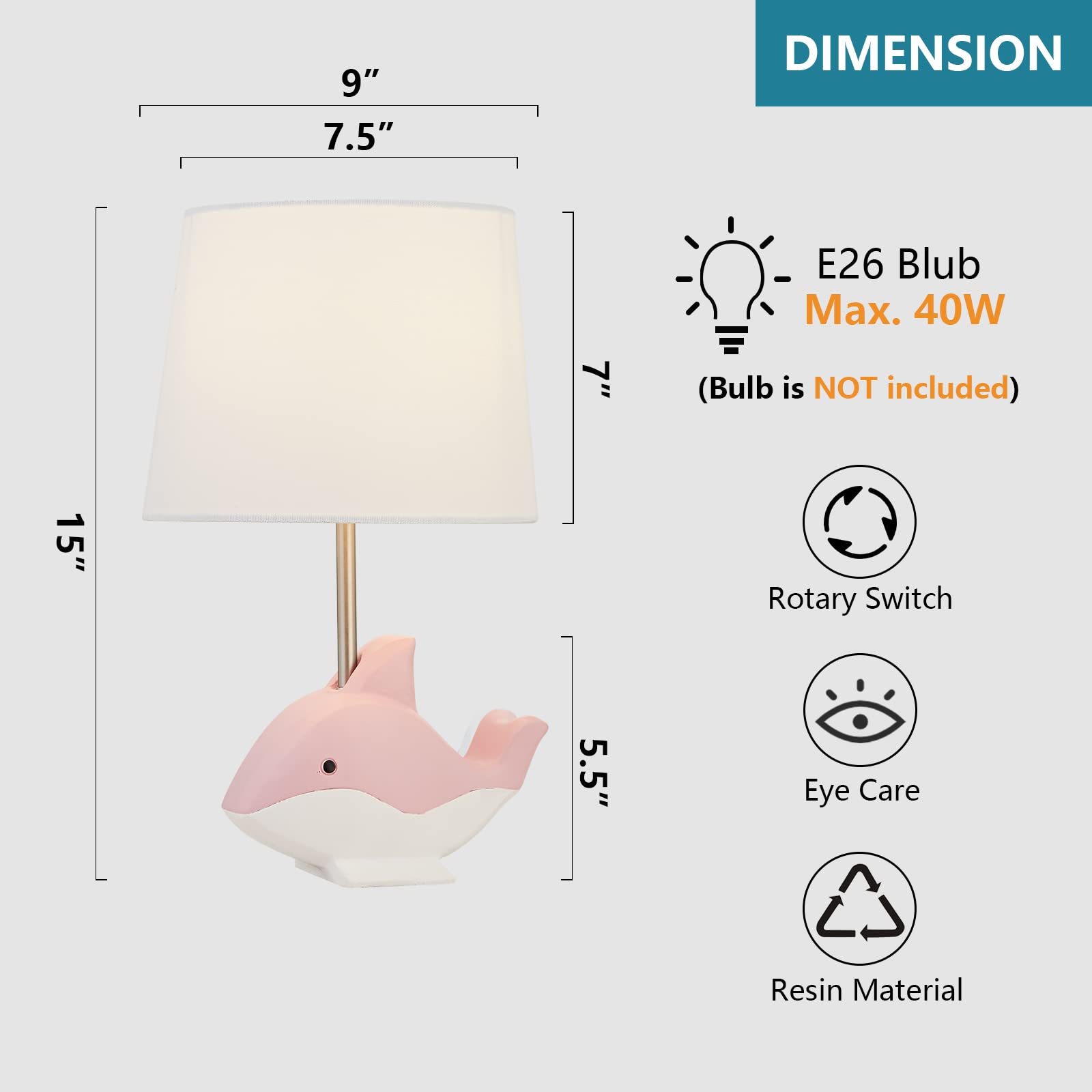 Maxax Desk Lamp, 15'' Pink Dolphin Table Lamp with White Shade for Bedroom, Kindergarten, Preschool