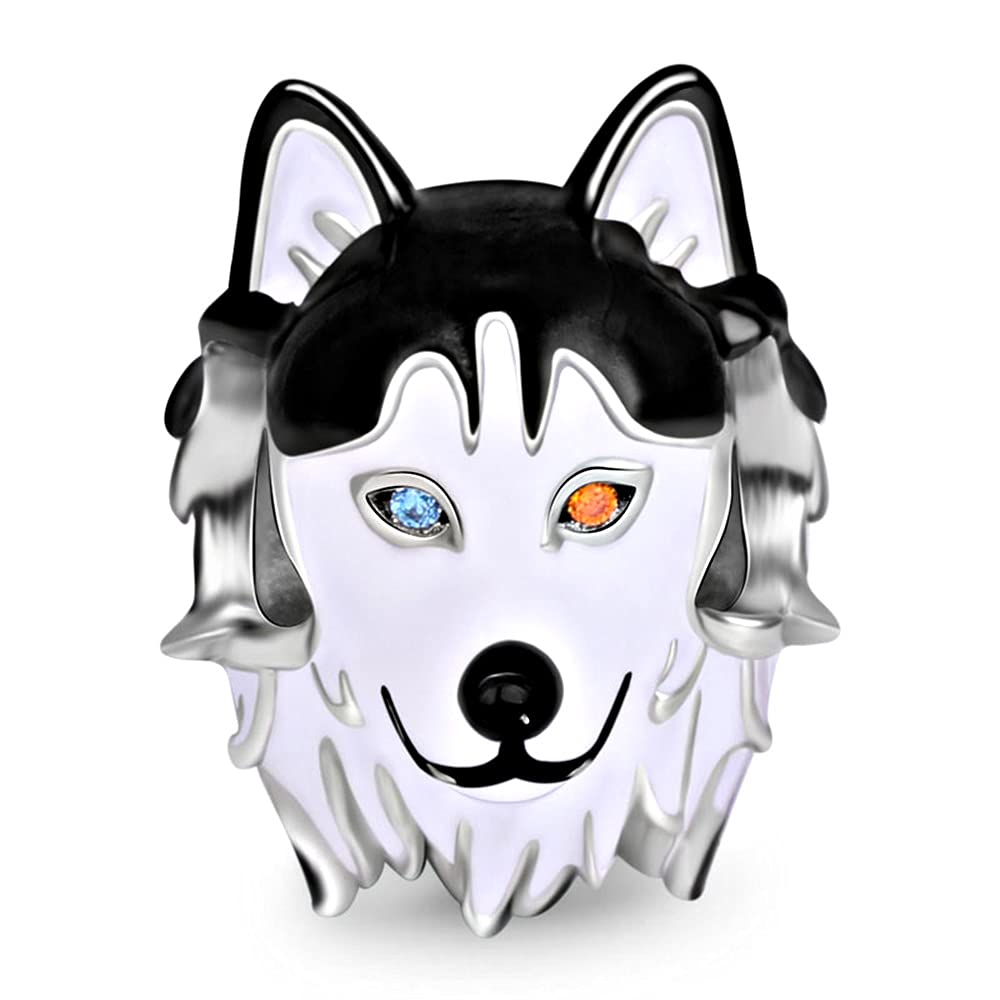 GNOCE Husky Dog Charm Bead Sterling Silver For Bracelet Heterochromia Husky Charm Bead Black Plated Fit Necklace Pets Charm for Women (1-Husky Dog)