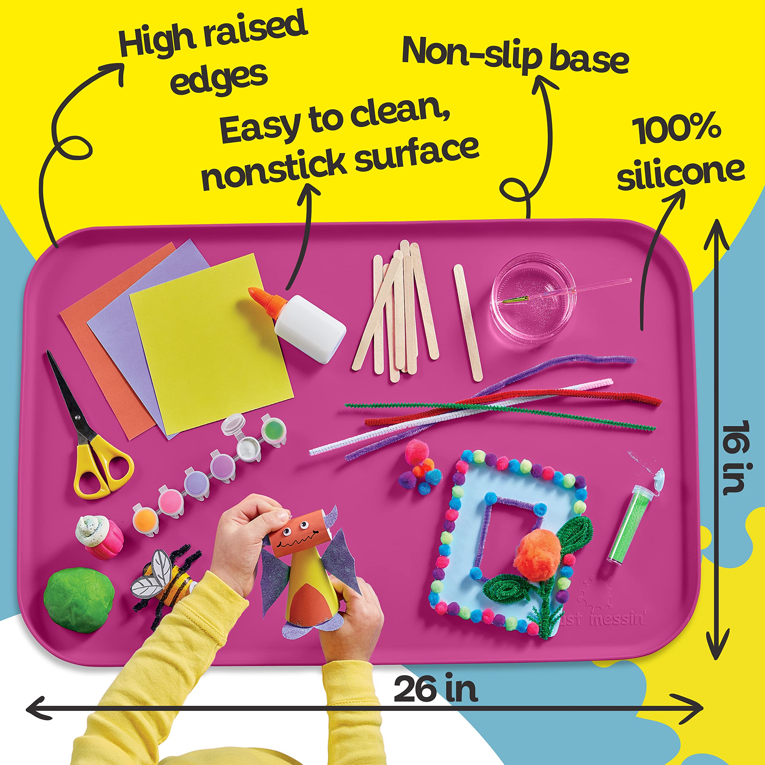 Just Messin' Silicone Art Mat for Crafts, Resin, Paint, Slime & Jewelry-making, Multipurpose Table Protector with Raised Sides to Contain Mess, Non-slip Heat Resistant, 16”x26” Mat with .6" Edge, Pink