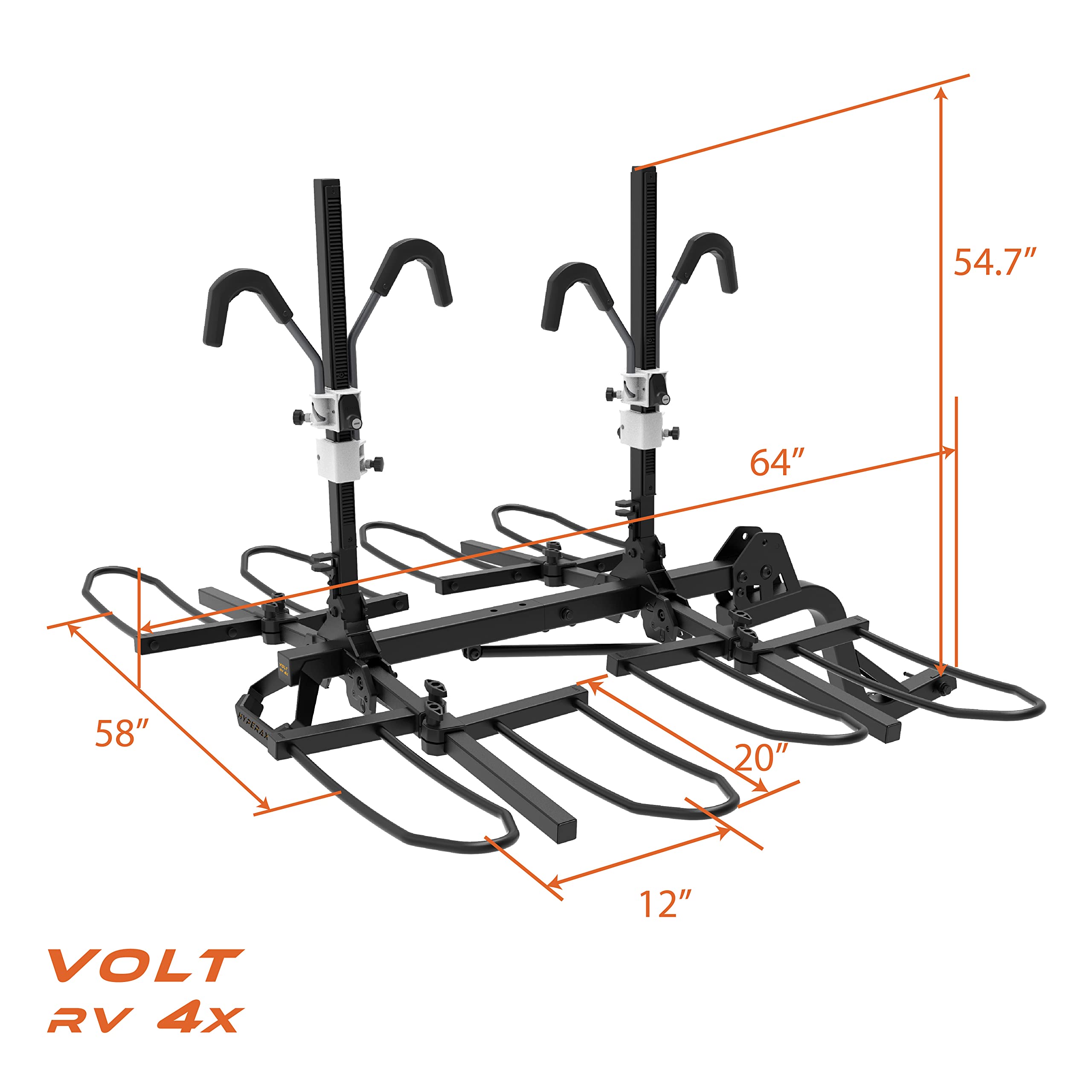 HYPERAX Volt RV 4X - Hitch Mounted 4 Bike Rack Carrier for RV, Camper, Trailer,Motorhome, Toad with 2" Class 3 or Higher Hitch Fits Up to 2x75lb E Bike +2X50lb Bikes with Up to 5" Fat Tire