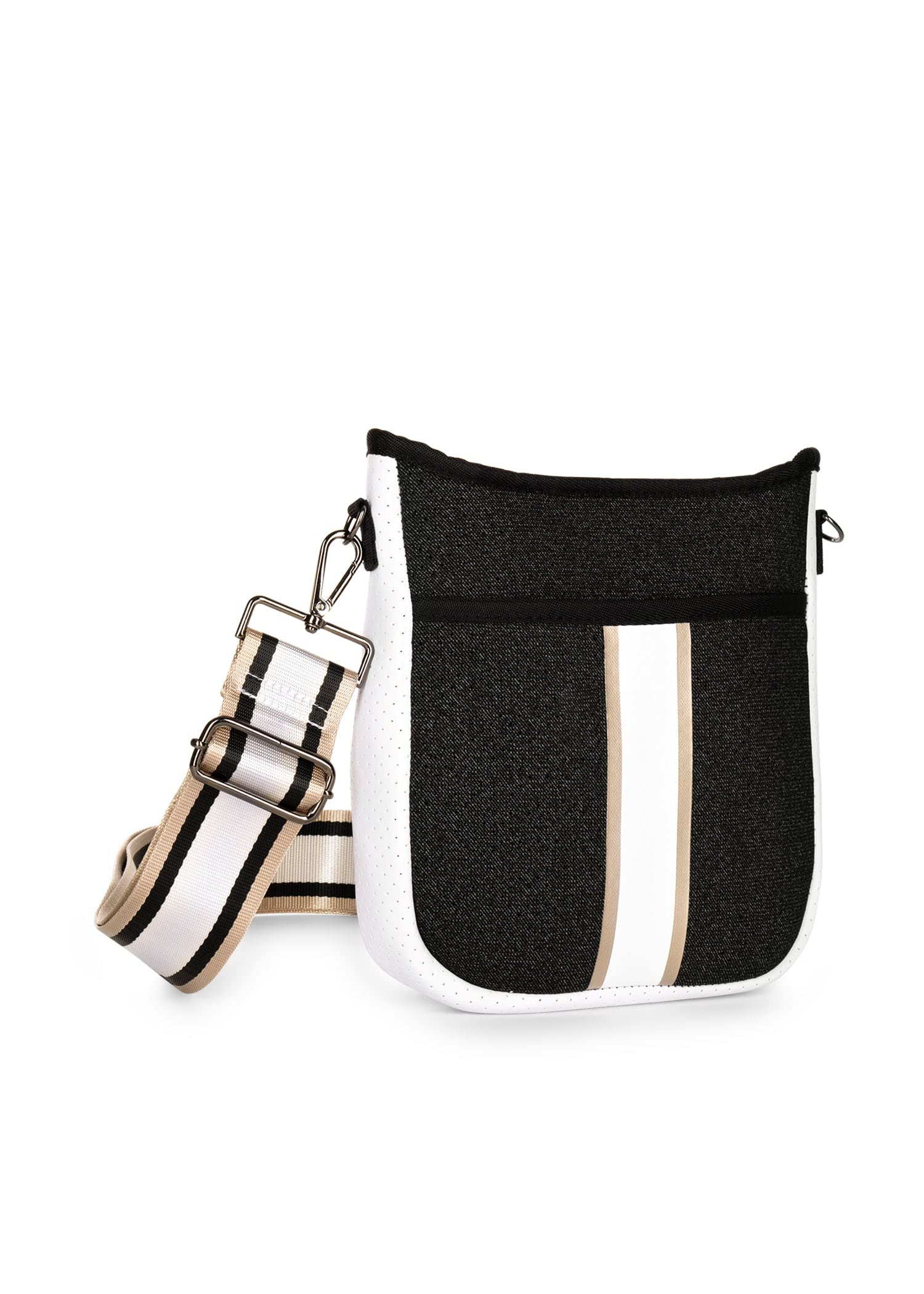 Jeri Bravo Crossbody Tote by Haute Shore, Black Denim W/Rosegold and White Stripe