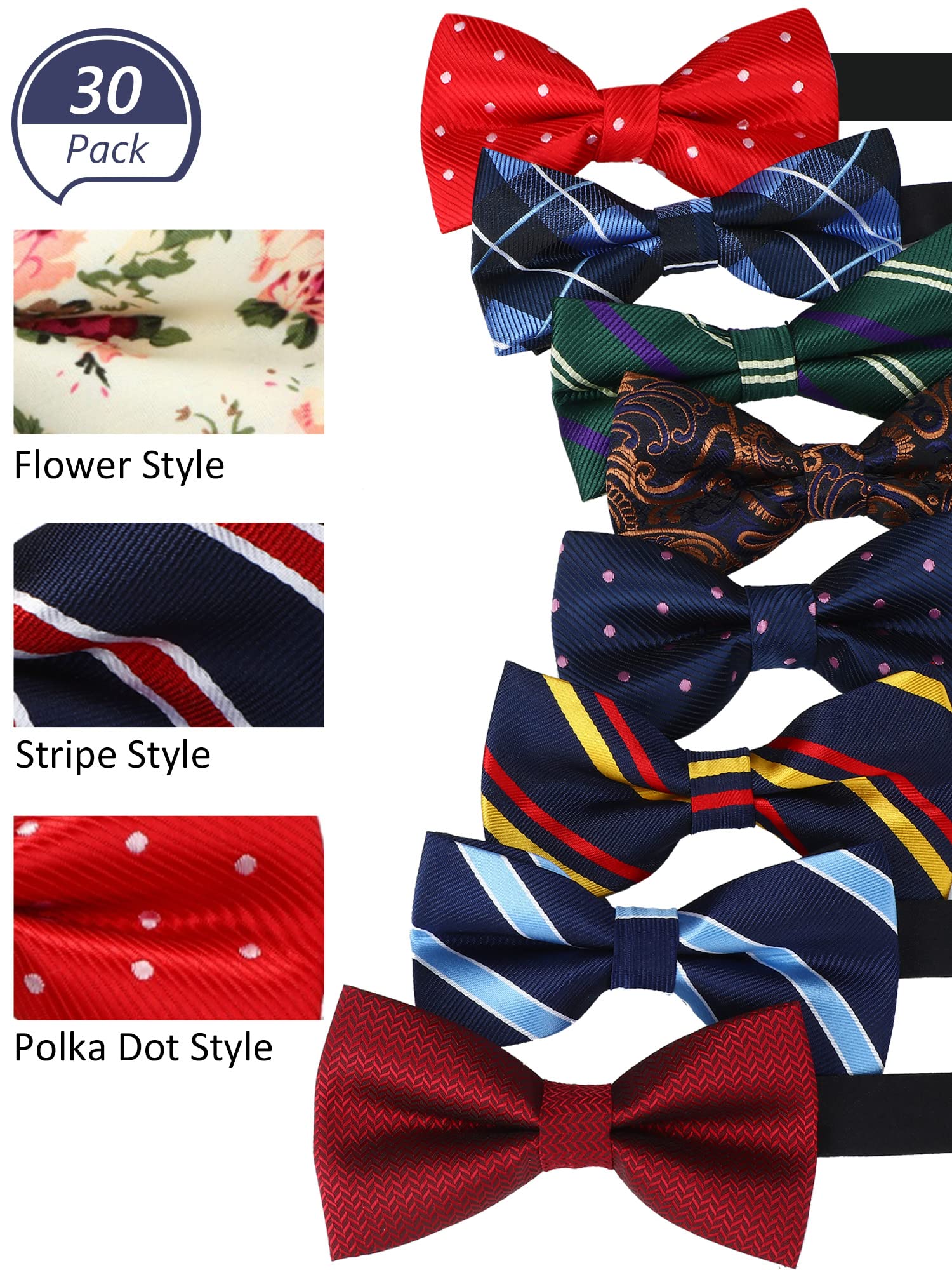 Jecery 30 Pieces Elegant Pre Tied Bow Ties for Men with Adjustable Floral Neck Band Bowties for Pre Tied Set