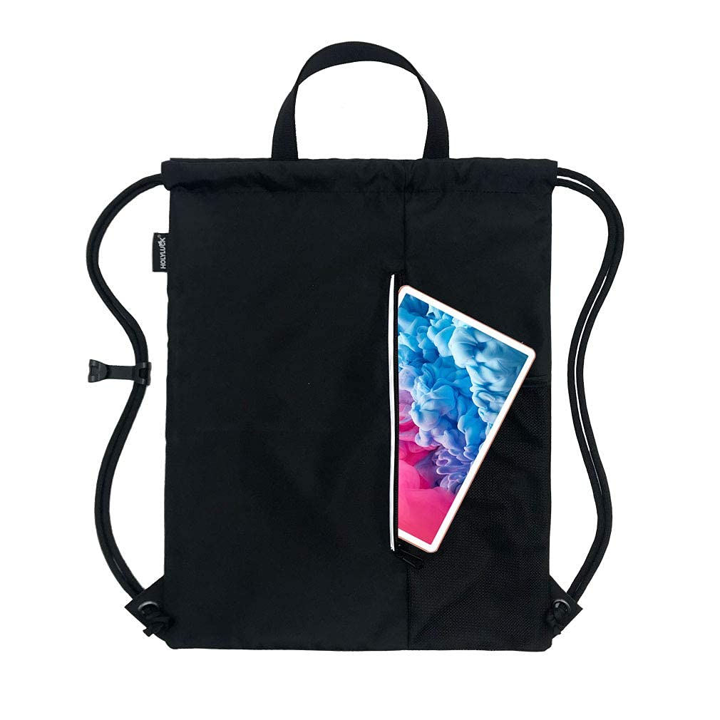 HOLYLUCK Drawstring Backpack Sports Gym Bag String Bag Sports Sackpack Gym Sack for Women Men with Zipper - black