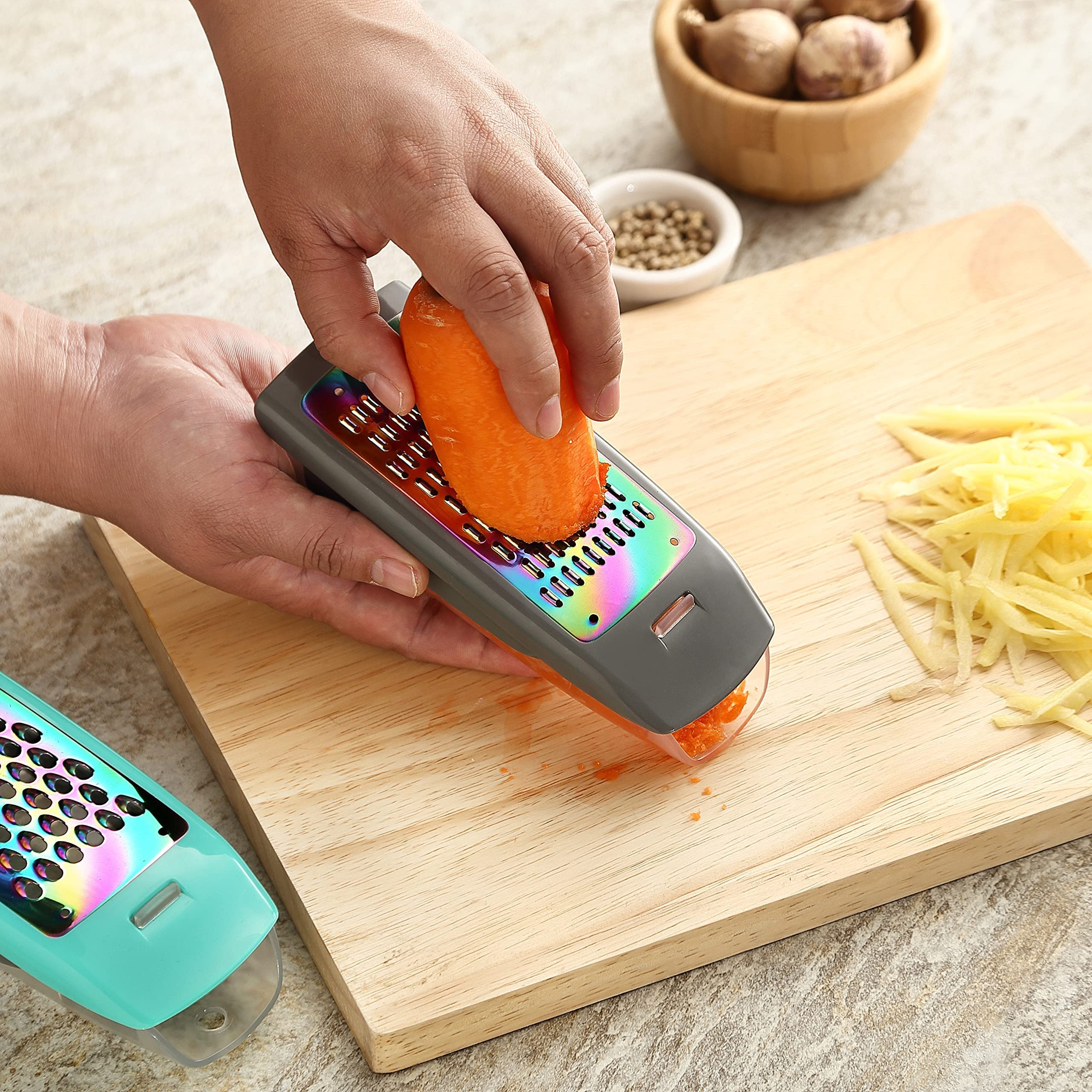 KYA35 14 PCS Rainbow Titanium Coating Cutlery Knives Block Set + Marco Almond MA63 Graters for Kitchen