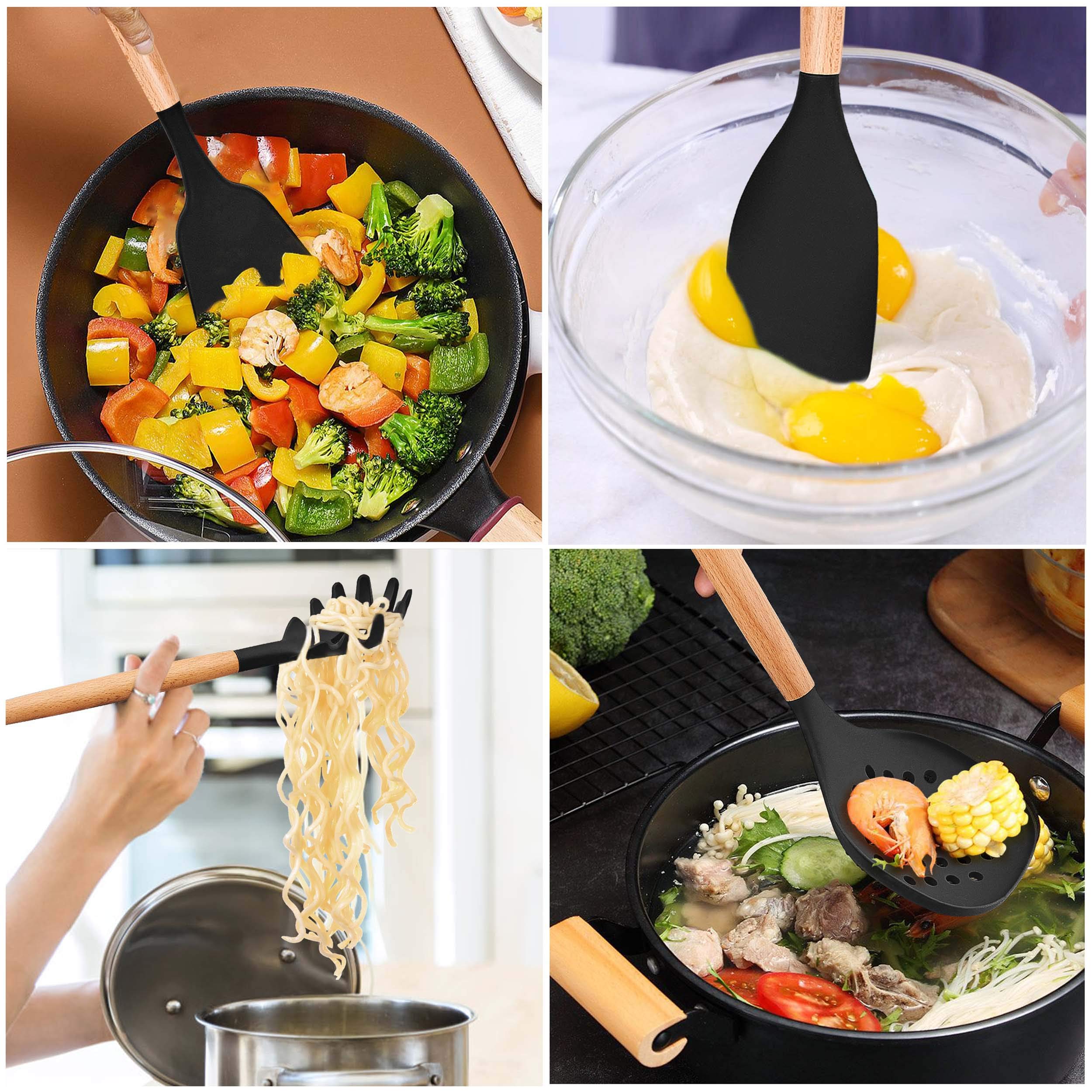 Homikit 25-Piece Kitchen Cooking Utensils Set with Holder, Silicone Spatula Spoon Ladle Turner Skimmer for Nonstick Cookware, Kitchen Tools Gadgets with Wooden Handle, Black